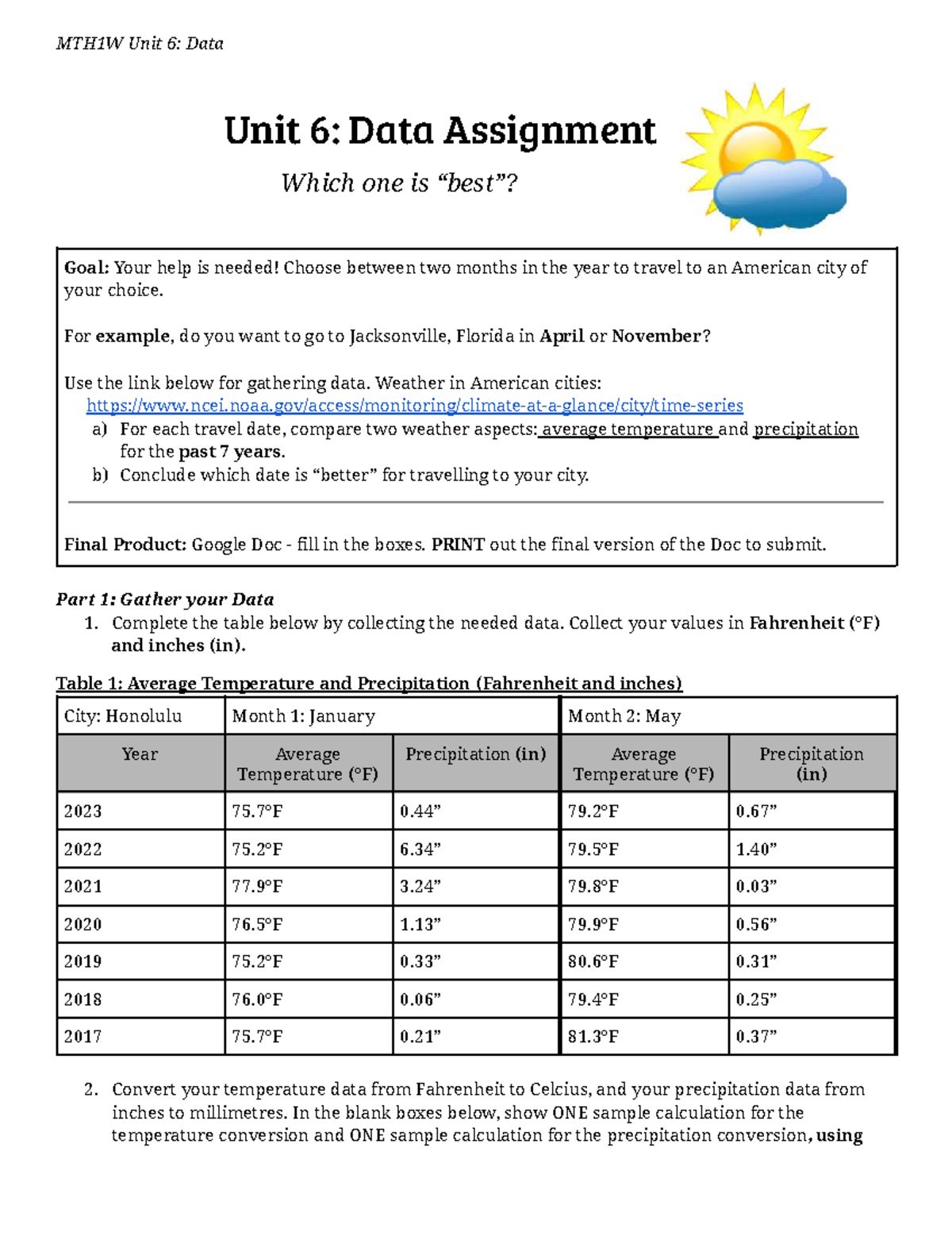MTH1W Unit 6: Data Assignment - Travel Month Comparison Analysis - Studocu