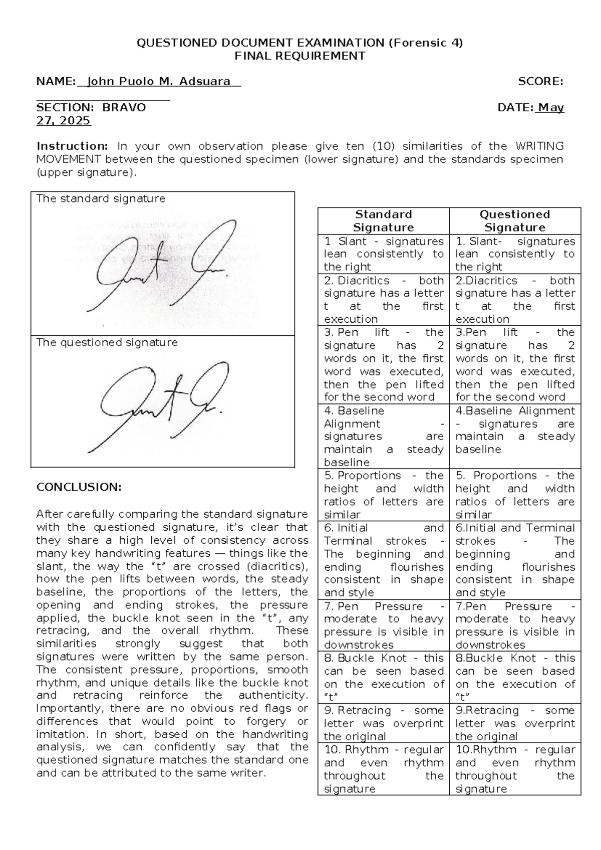 Forensic 4: Final Requirement on Questioned Document Examination - Studocu