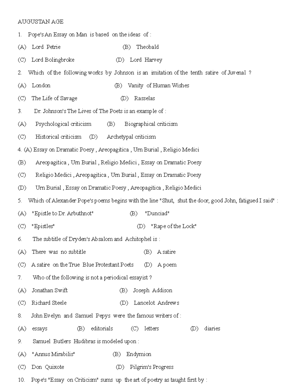 Multiple Choice Questions: Augustan Age Literature (18th Century) - Studocu