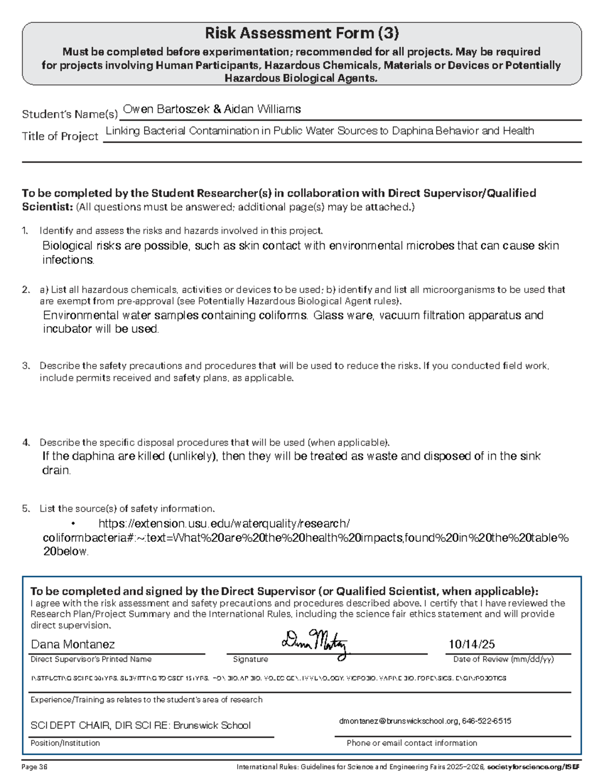 Risk Assessment Form for Human Participant Projects (BIO, AP BIO, MOLEC ...