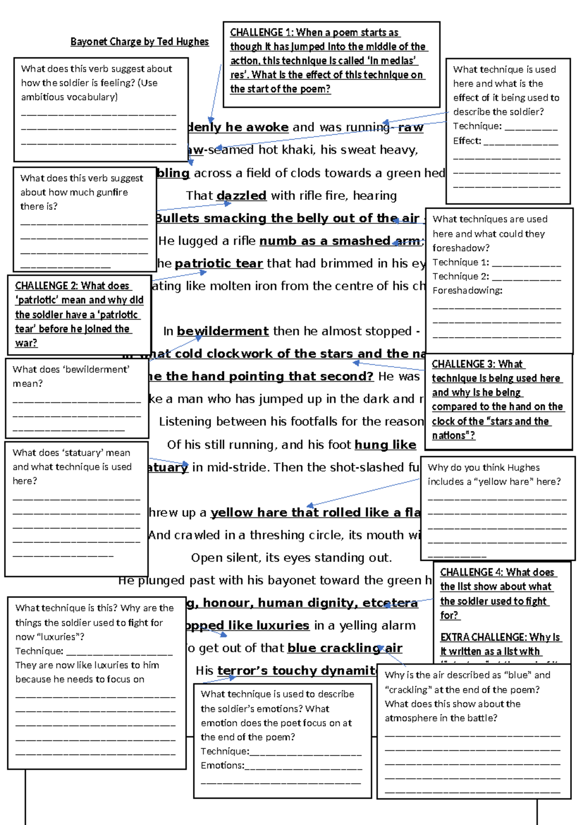 Bayonet Charge Challenge Worksheet - Bayonet Charge by Ted Hughes ...