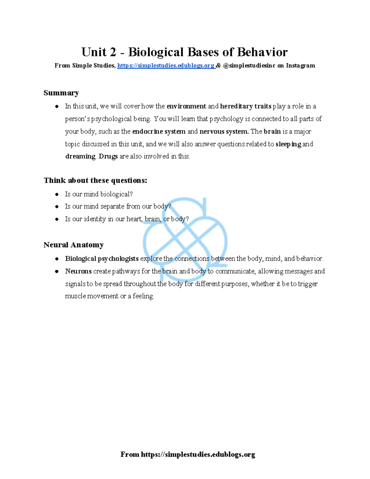 Unit 2: Biological Bases of Behavior - Key Concepts and Insights - Studocu