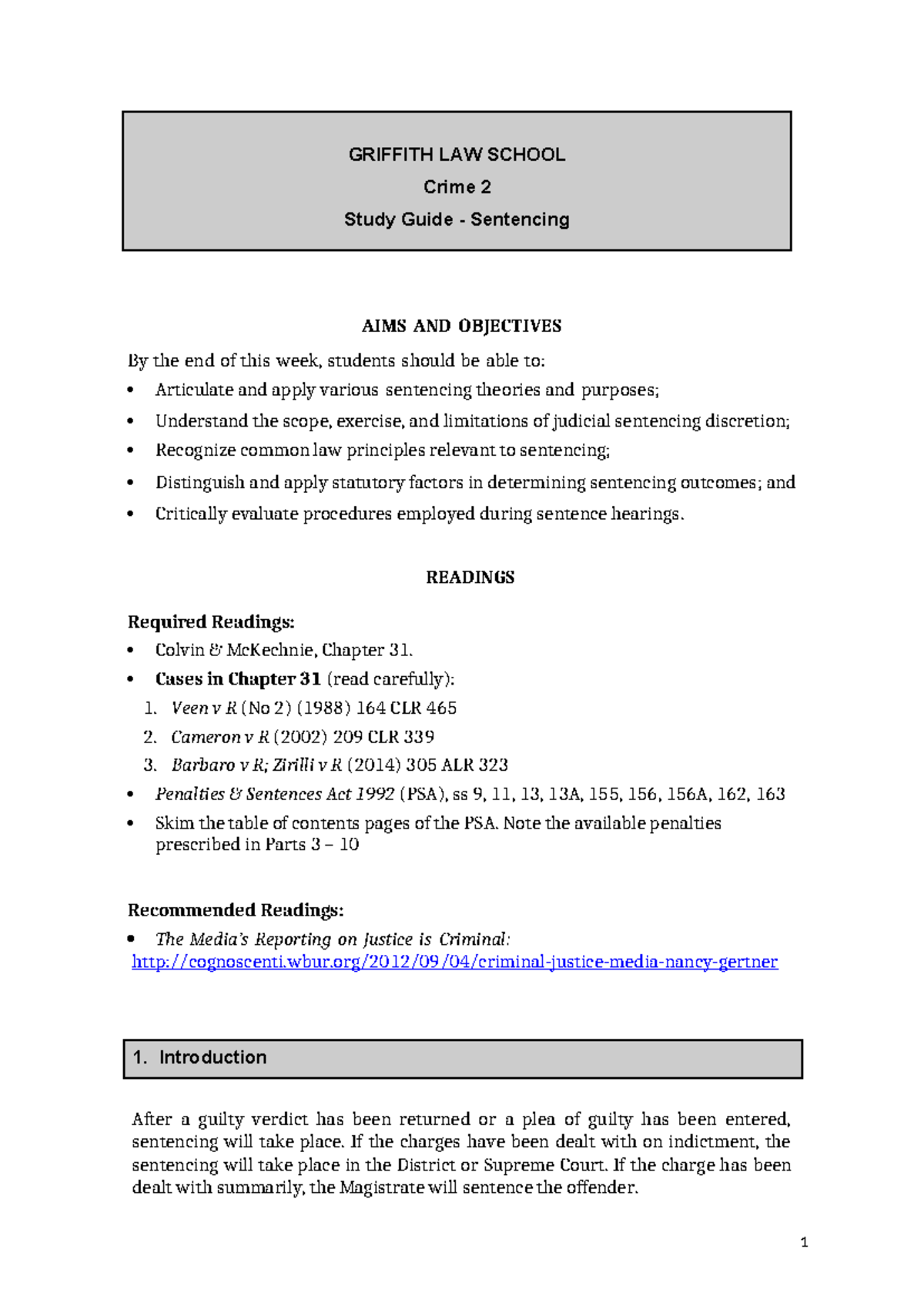 Study Guide Sentencing - AIMS AND OBJECTIVES By the end of this week ...