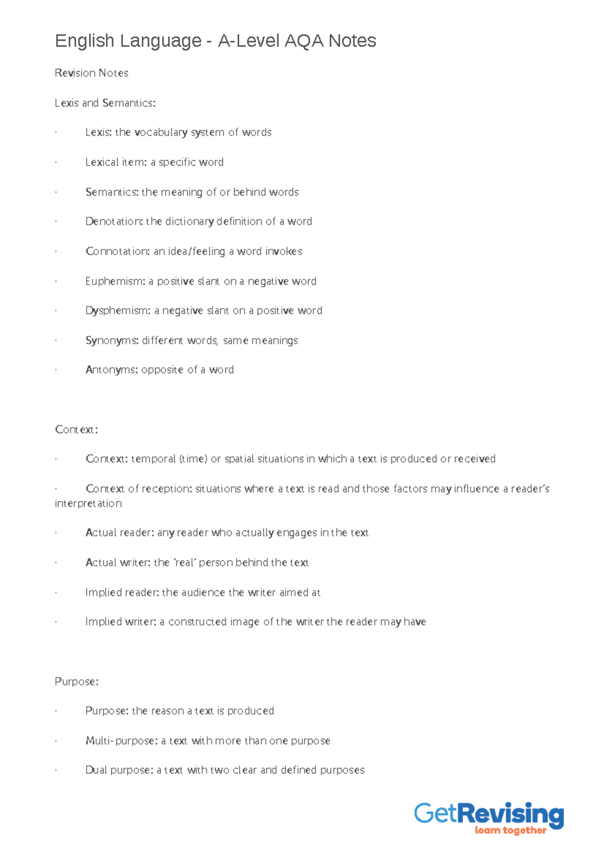 A-Level AQA English Language Revision Notes - Lexis, Semantics & More ...