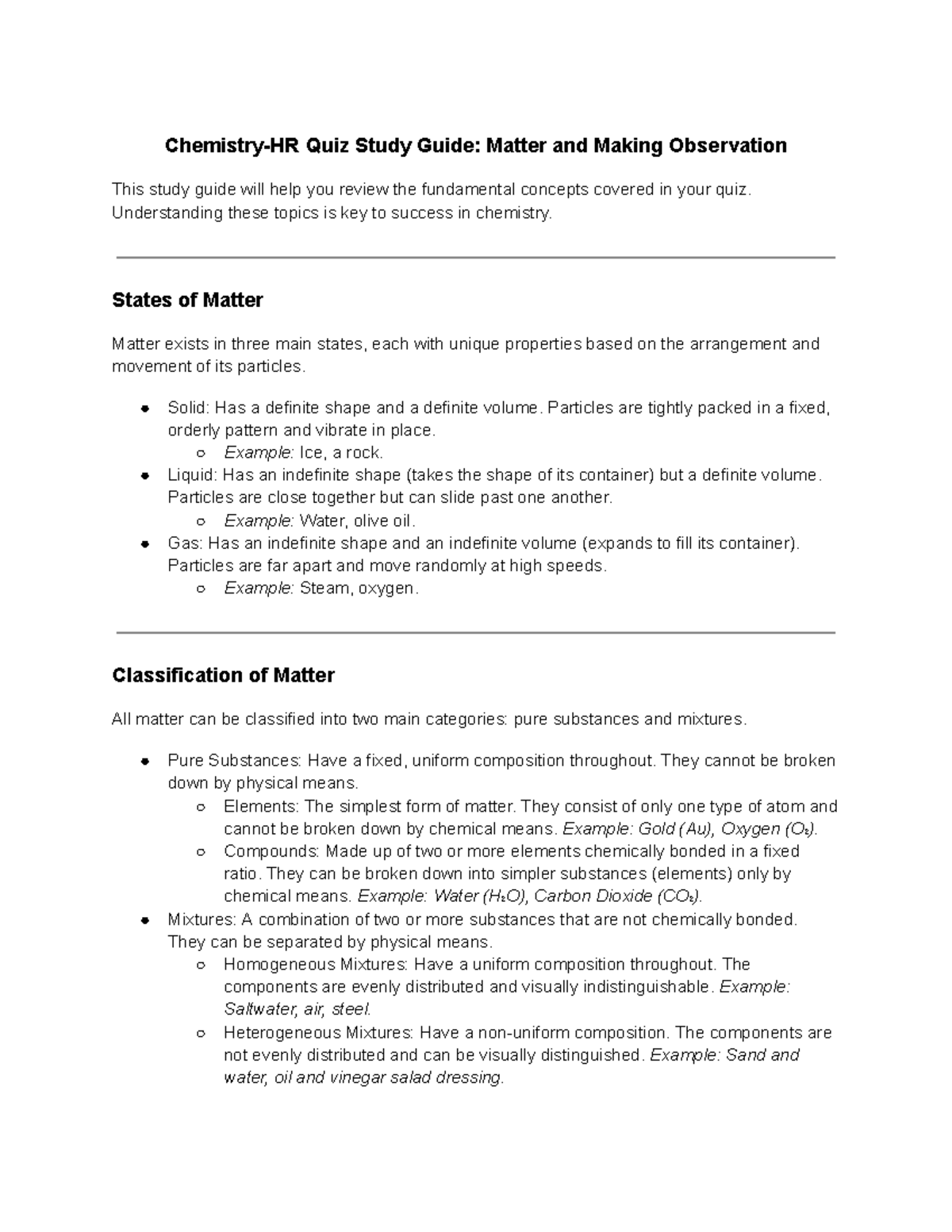 Chemistry-HR Quiz Study Guide: Matter, Measurement & Properties - Studocu
