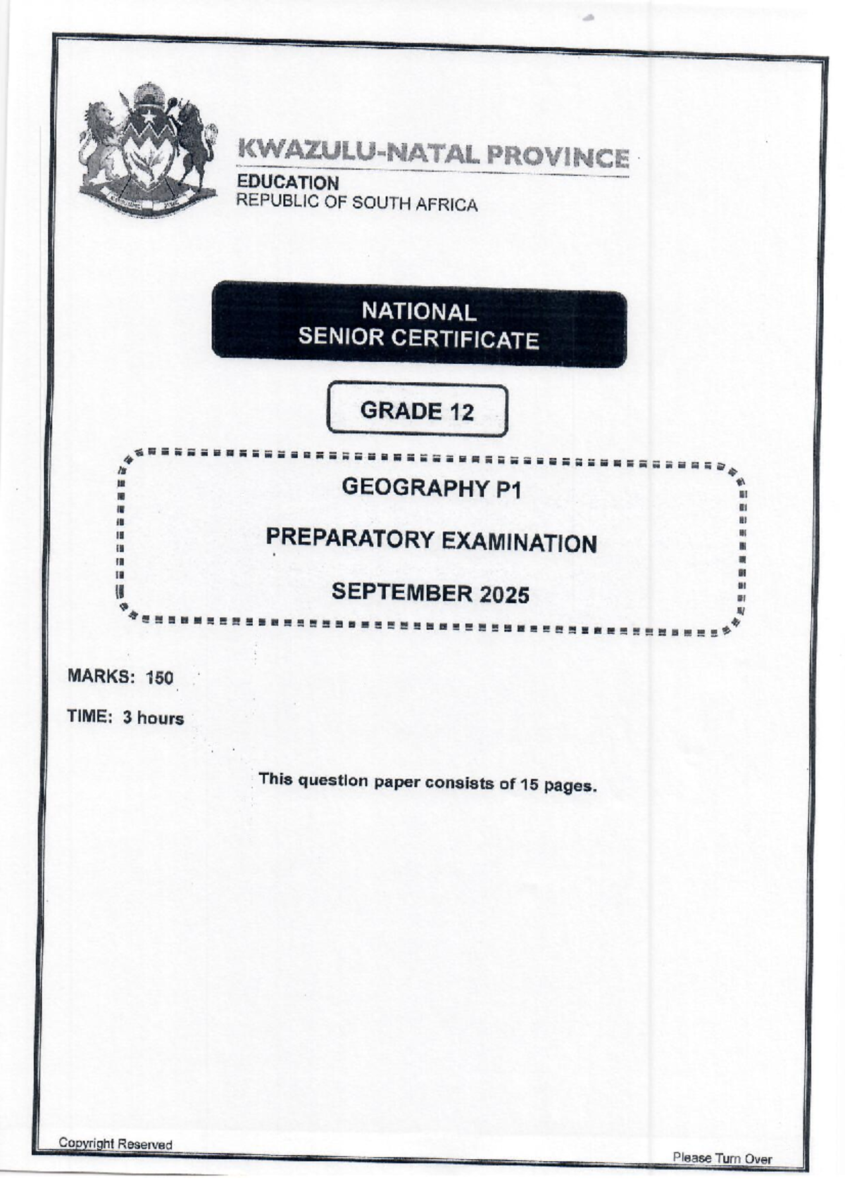 Grade 12 Geography P1 Preparatory Exam September 2025 - NSC - Studocu