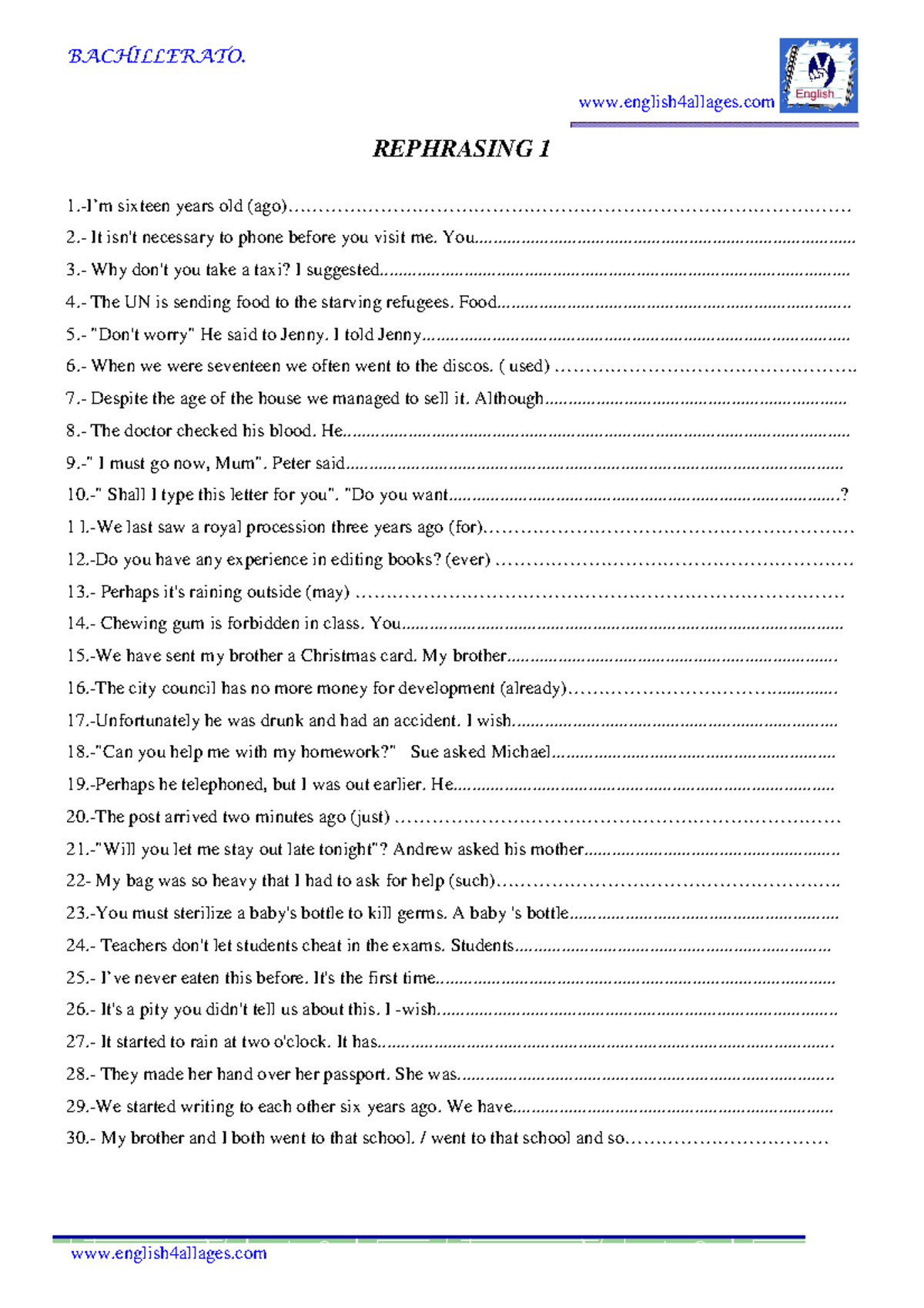 BACHILLERATO: Rephrasing Practice Exercises 1-50 - Studocu