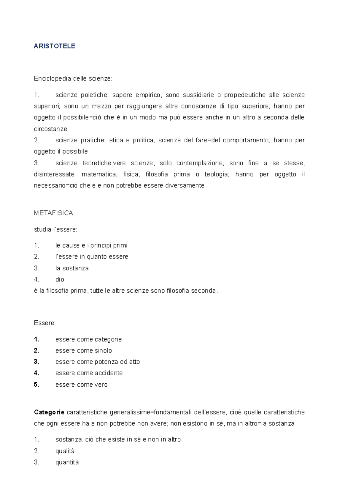 ARIST 101: Sintesi su Sostanza e Analitica in Aristotele - Studocu
