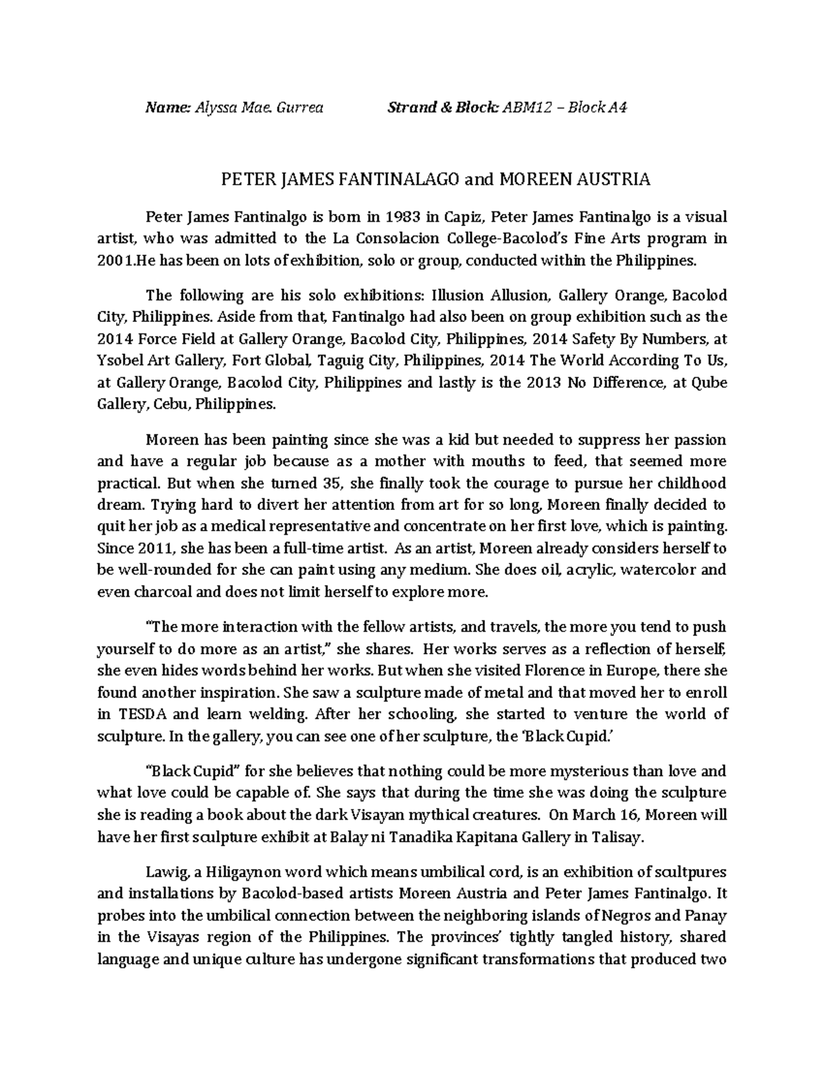 Peter and Moreen - Name: Alyssa Mae. Gurrea Strand & Block: ABM12 – Block A PETER JAMES - Studocu