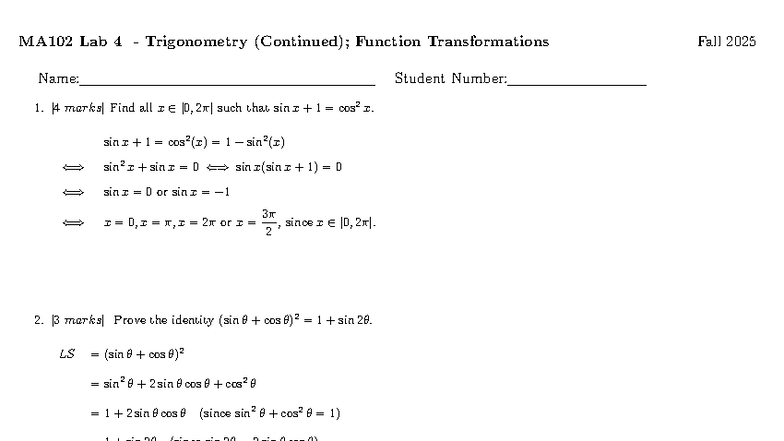 MA102 Lab 4 Solutions - Trigonometry & Function Transformations - Studocu