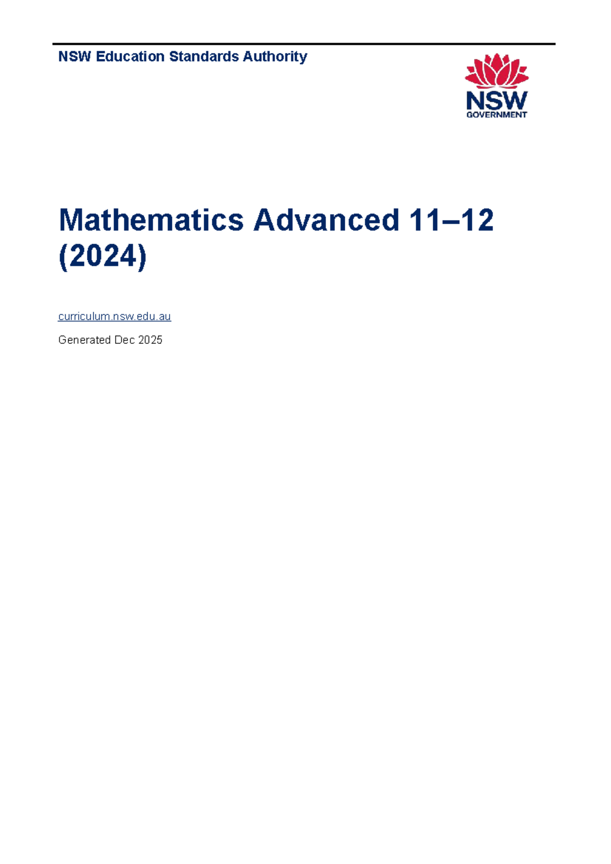 NESA Mathematics Advanced Syllabus (2024) for Years 11 & 12 - Studocu