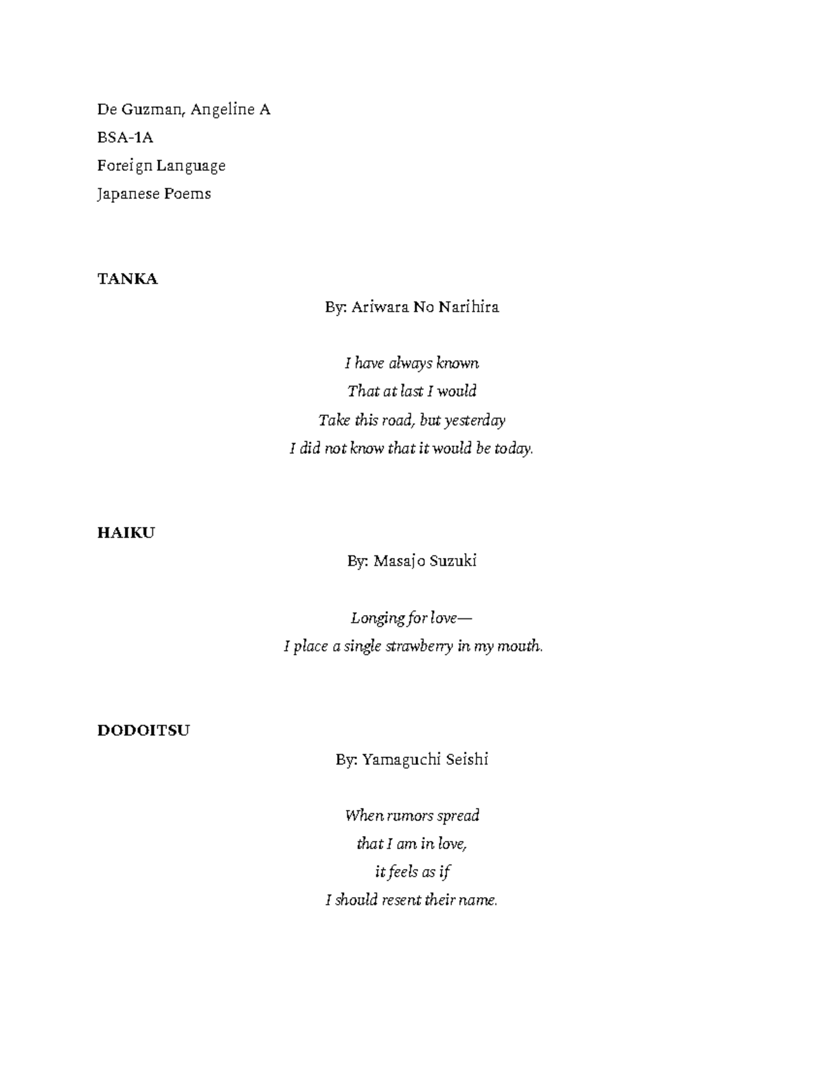 Japanese Poems - Foreign Language - De Guzman, Angeline A BSA-1A ...
