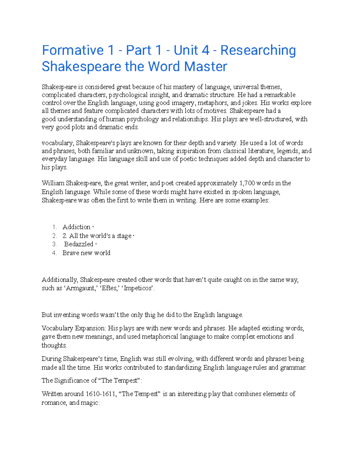 Formative 1: Unit 4 - Researching Shakespeare's Language Mastery - Studocu
