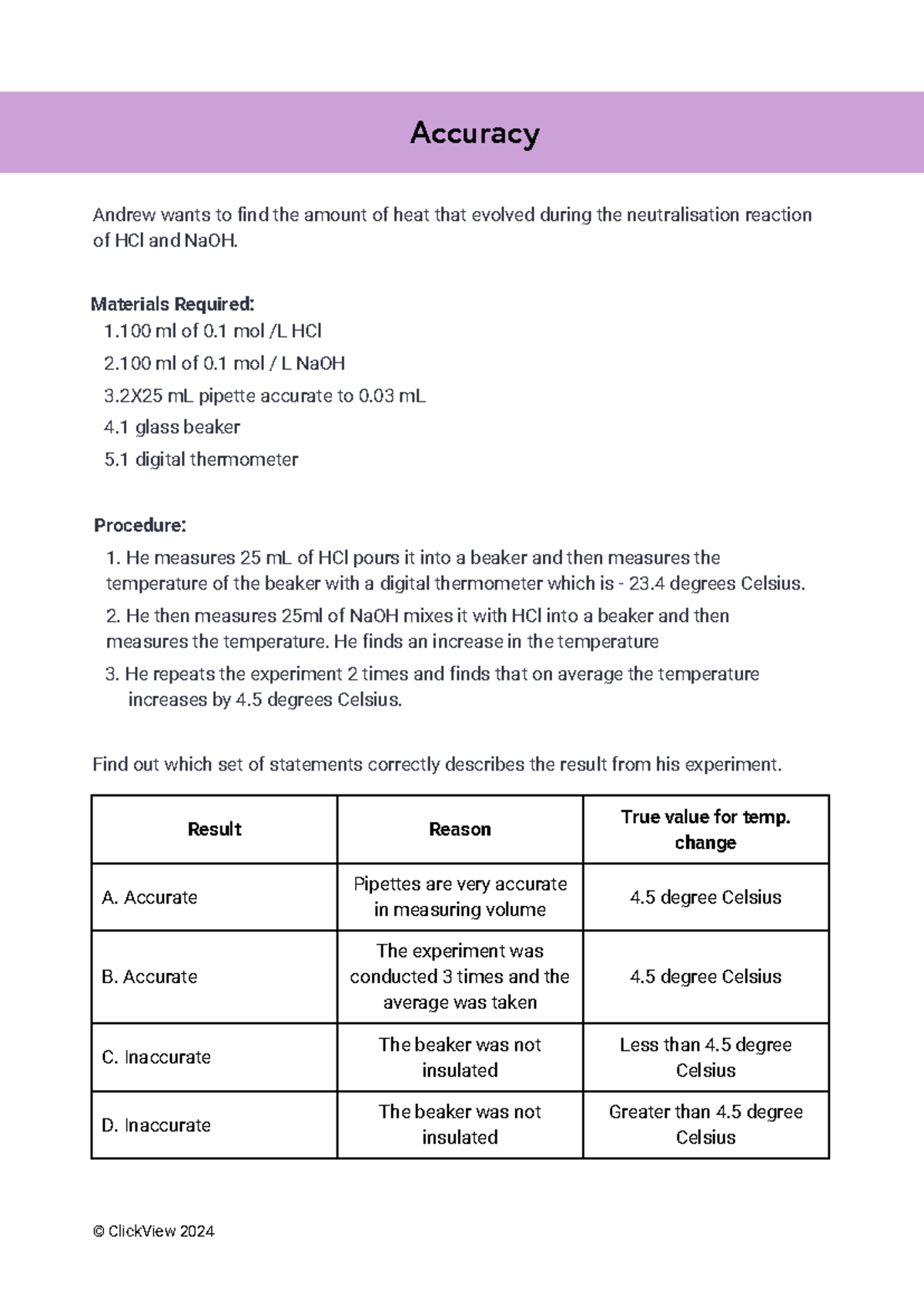 Accuracy Worksheet: Heat Evolution in HCl and NaOH Neutralization - Studocu