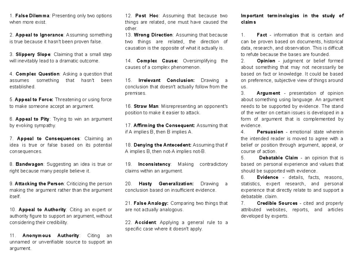 Logical Fallacies: Understanding Key Concepts and Terminologies - Studocu