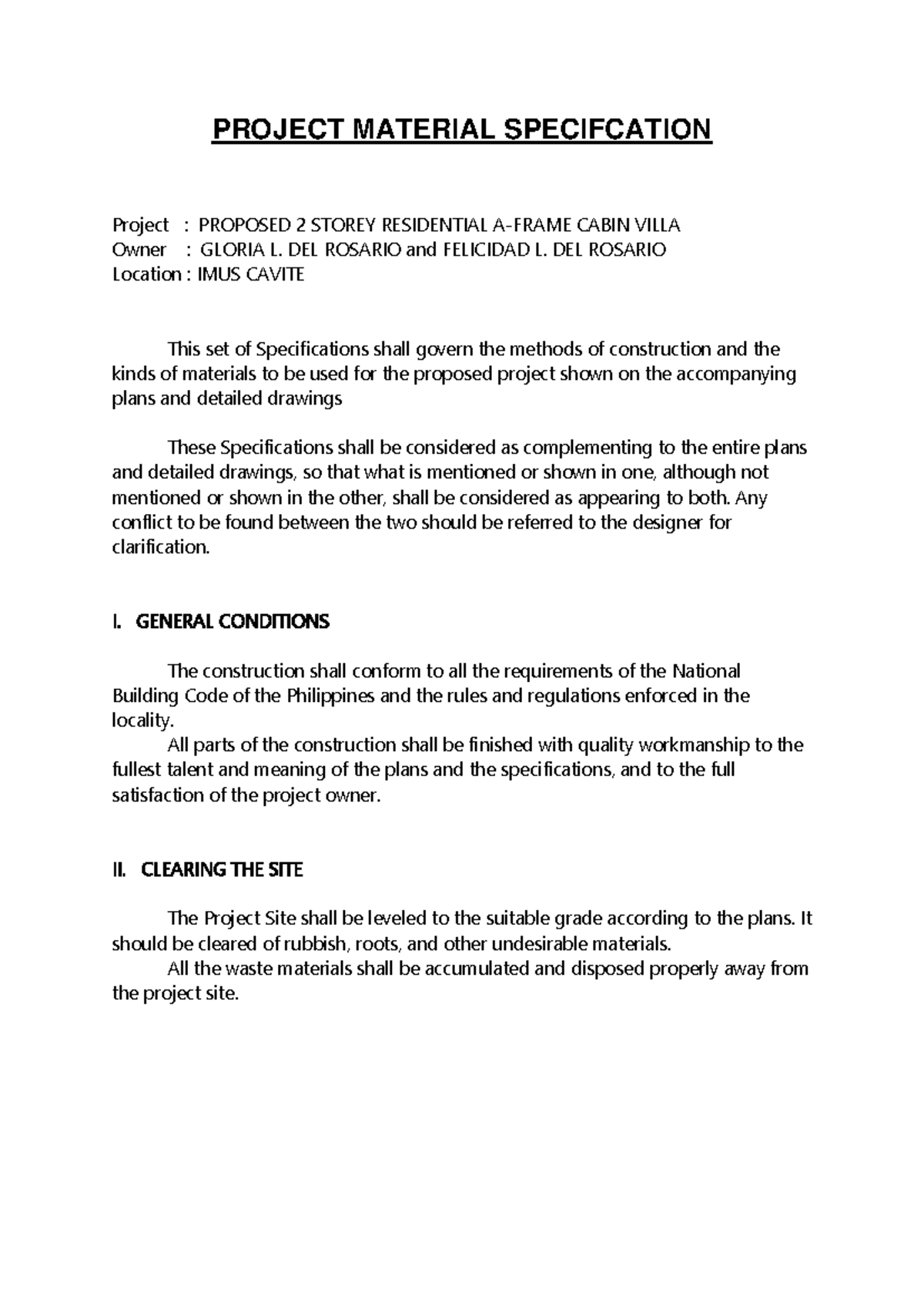 Project Material Specifications for Proposed 2-Storey Cabin Villa - Studocu