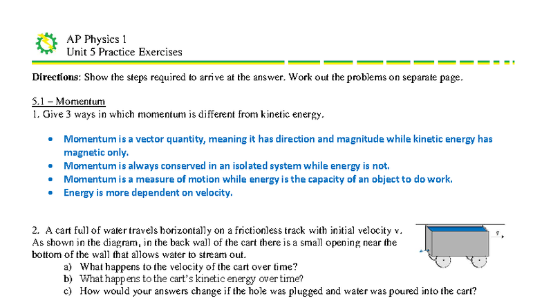 AP Physics 1 Unit 5 Practice Exercises & Solutions - Studocu