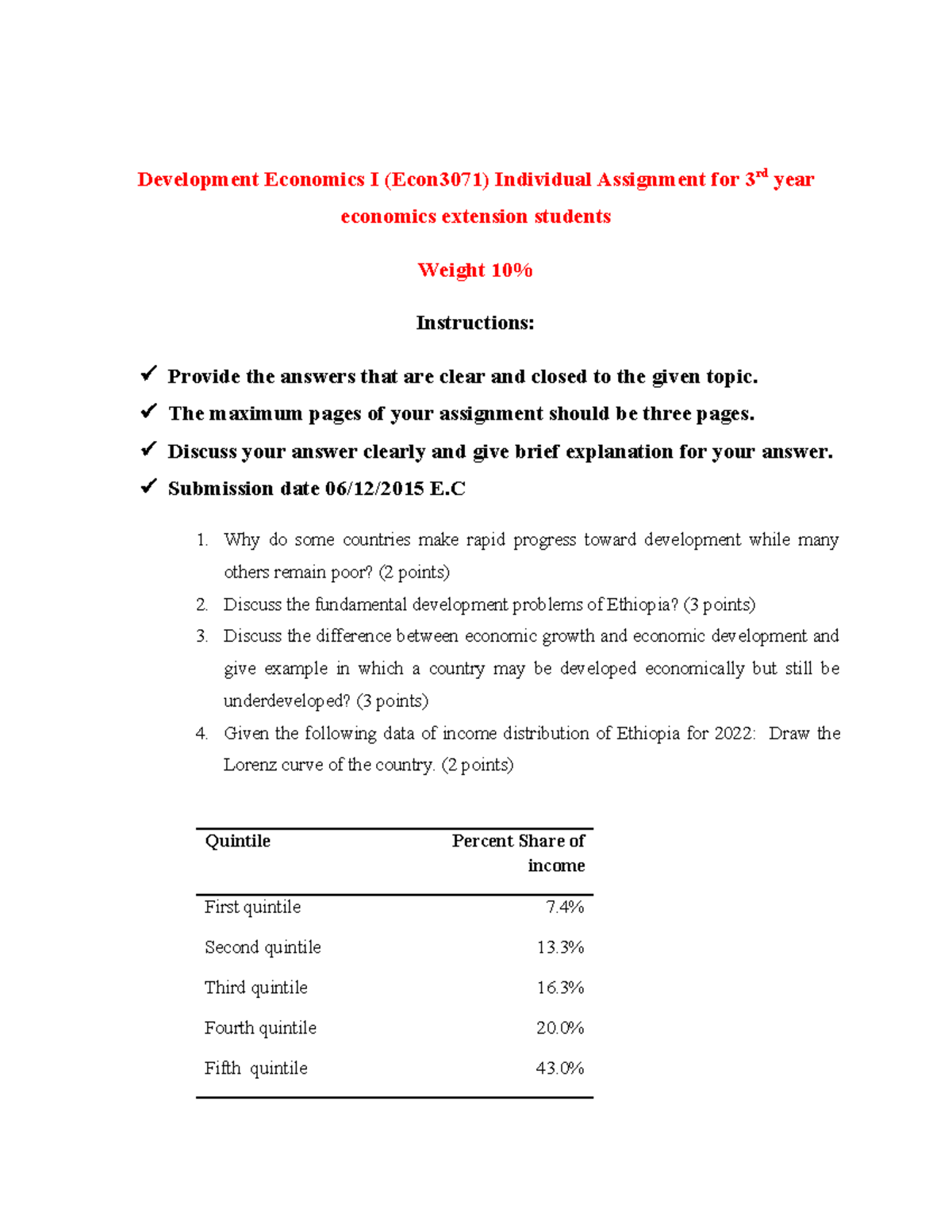Dev't economics I assignment - Development Economics I (Econ3071 ...