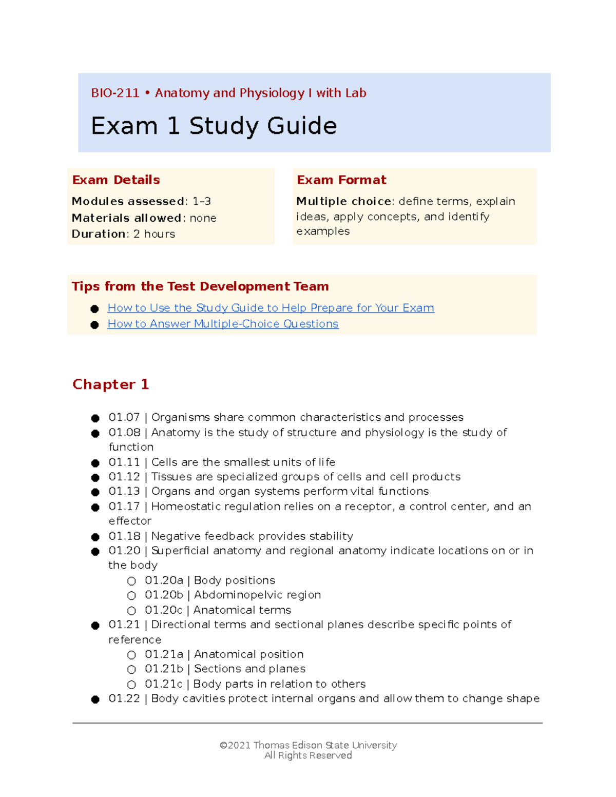 Exam 1 study guide BIO-211-oct17 - BIO-211 • Anatomy and Physiology I ...