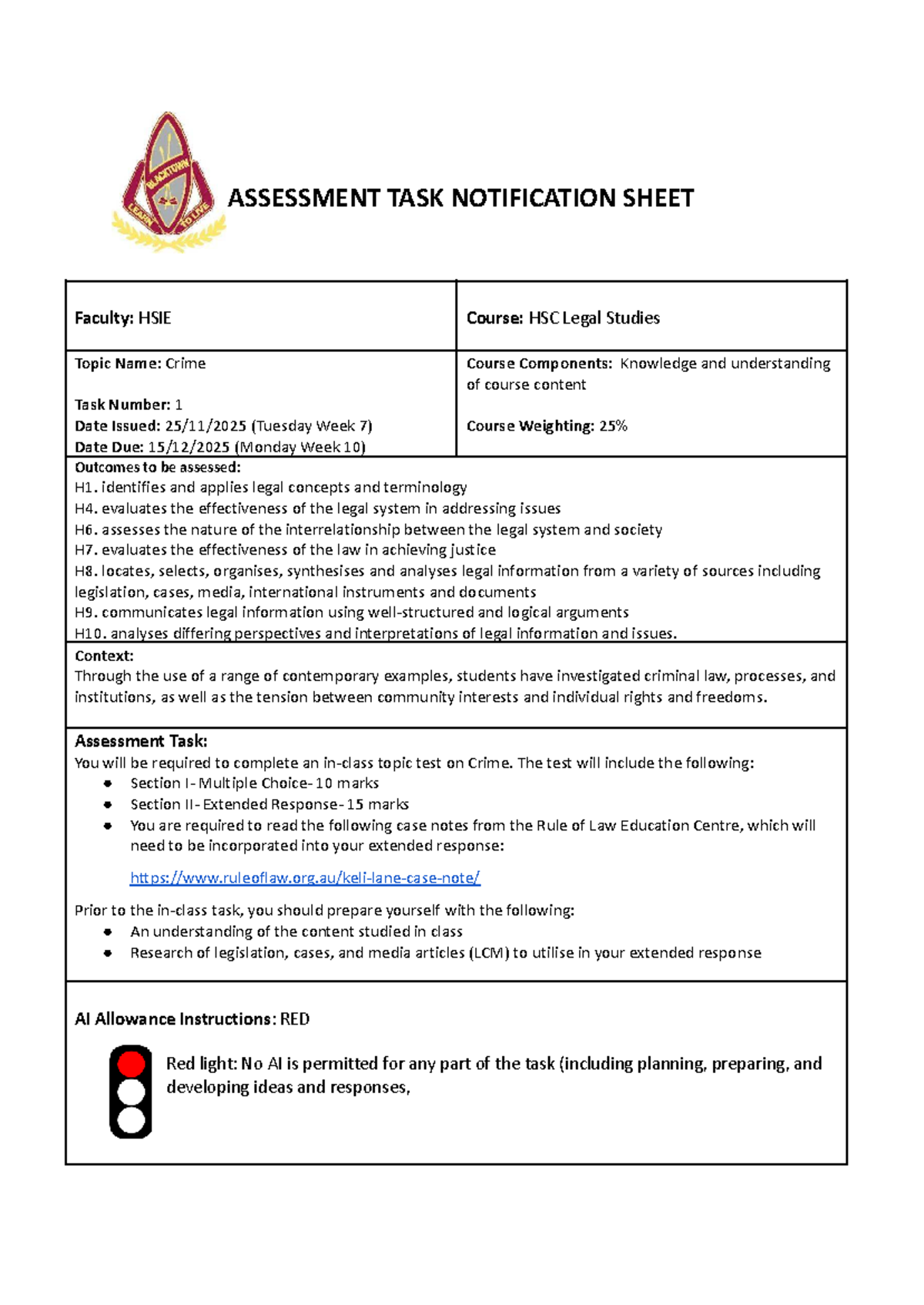 2025 HSC Legal Studies Task 1: Crime Assessment Notification - Studocu