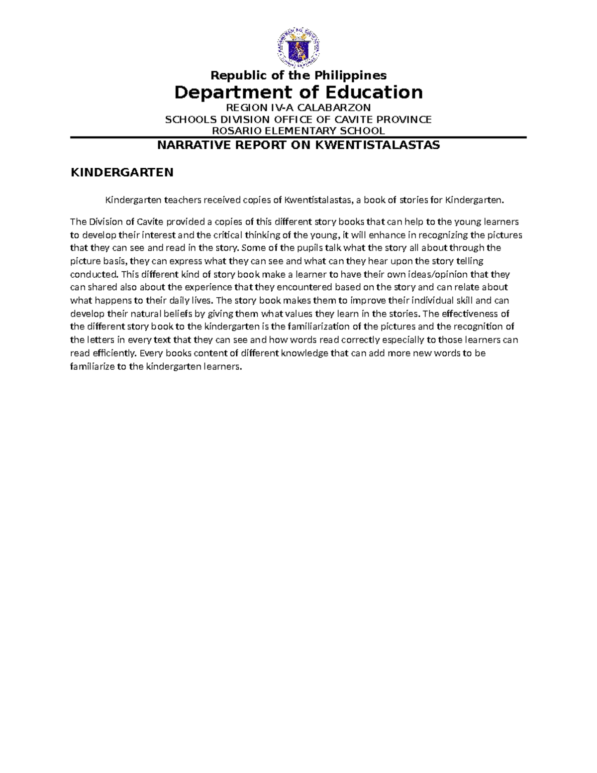 Narrative Report on Kwentistalastas for RES Kindergarten Students - Studocu