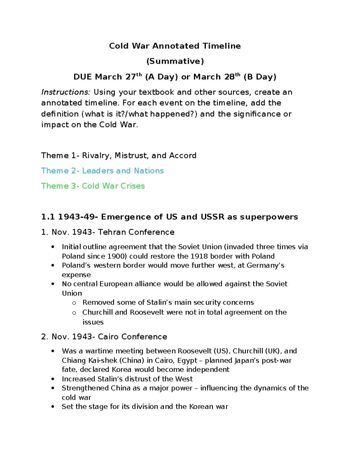 Cold War Annotated Timeline (SUMMATIVE) - Major Events & Their Impact ...