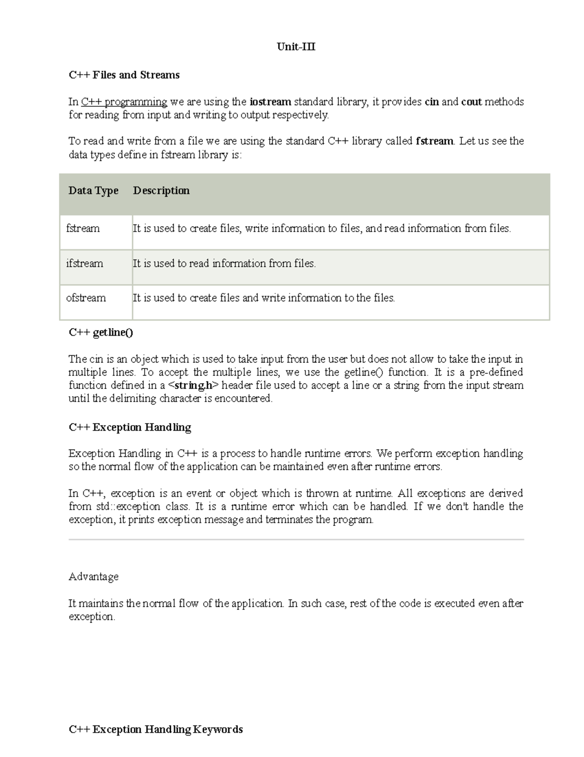 OOP UNIT V - C++ Files, Streams, Exception Handling Notes - Studocu