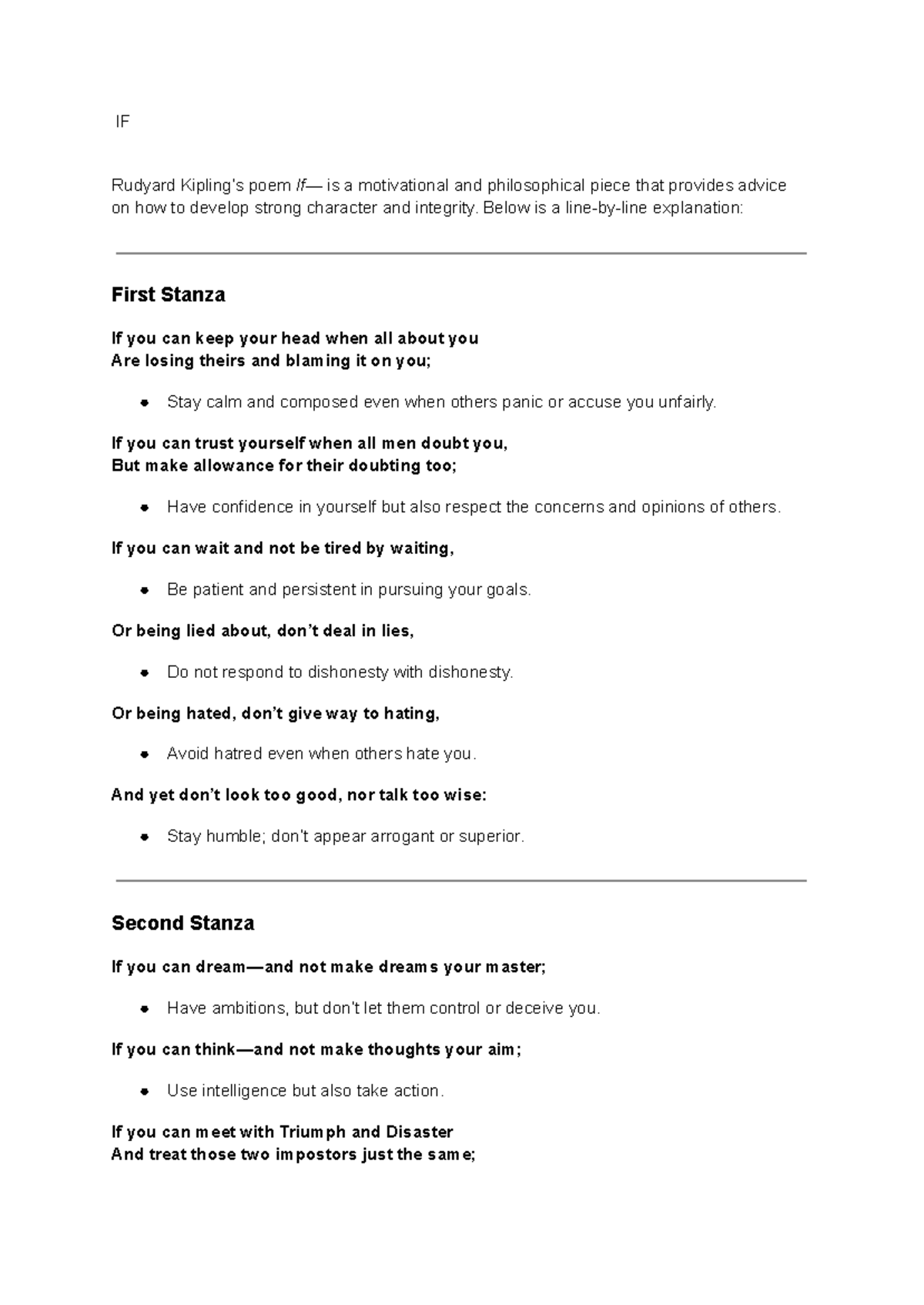 If - IF poem summary and analysis of character development - Studocu