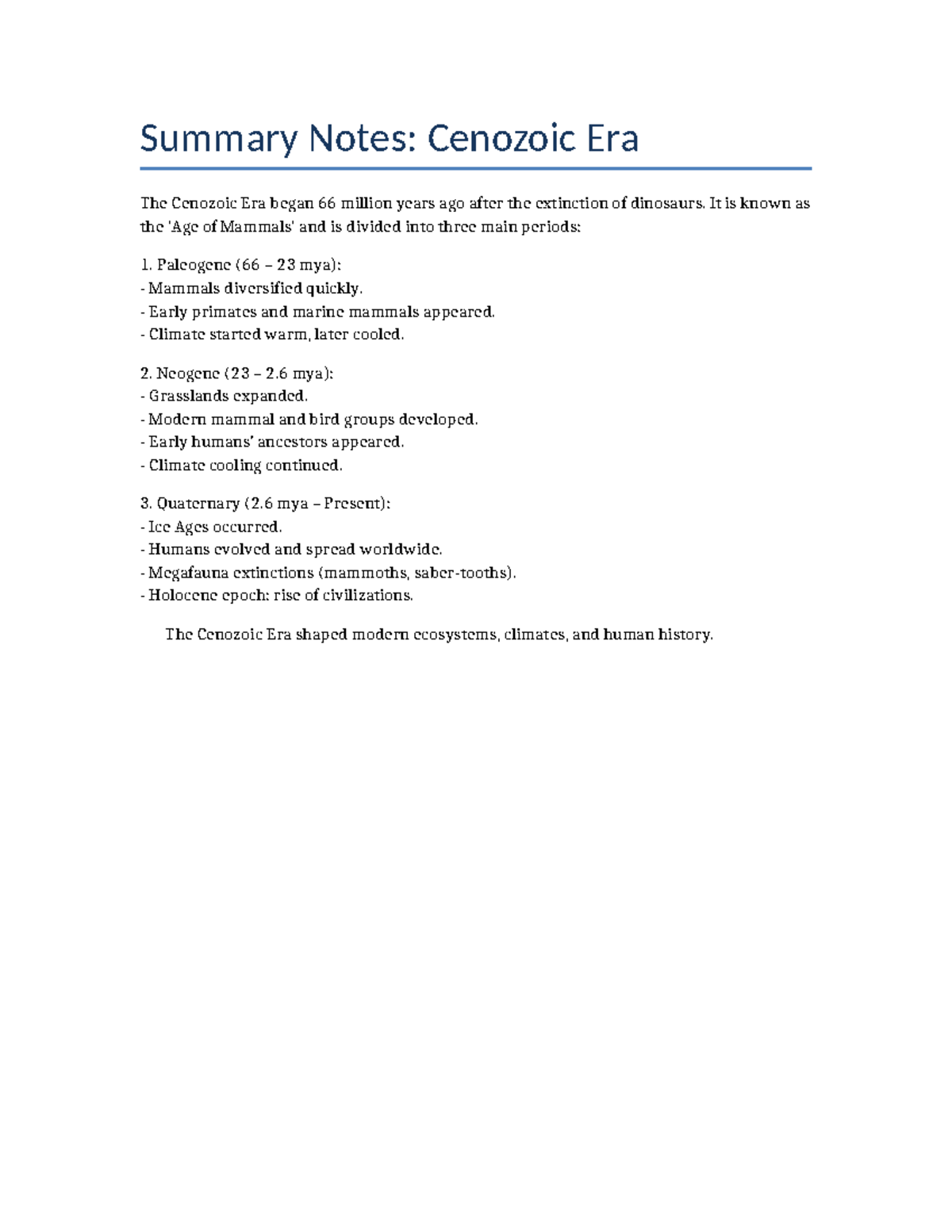 Cenozoic Era Summary Notes - Summary Notes: Cenozoic Era The Cenozoic ...