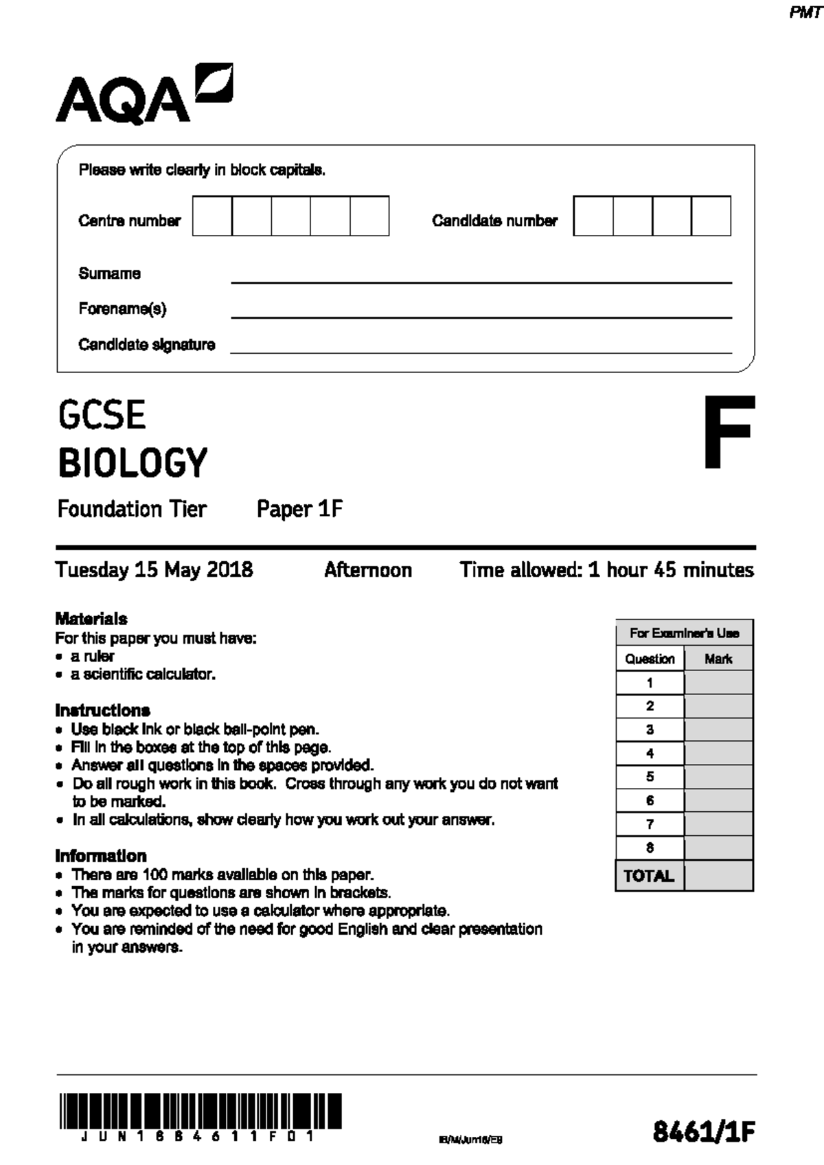 GCSE BIOLOGY 1F Final Exam Paper - May 15, 2018 - Studocu