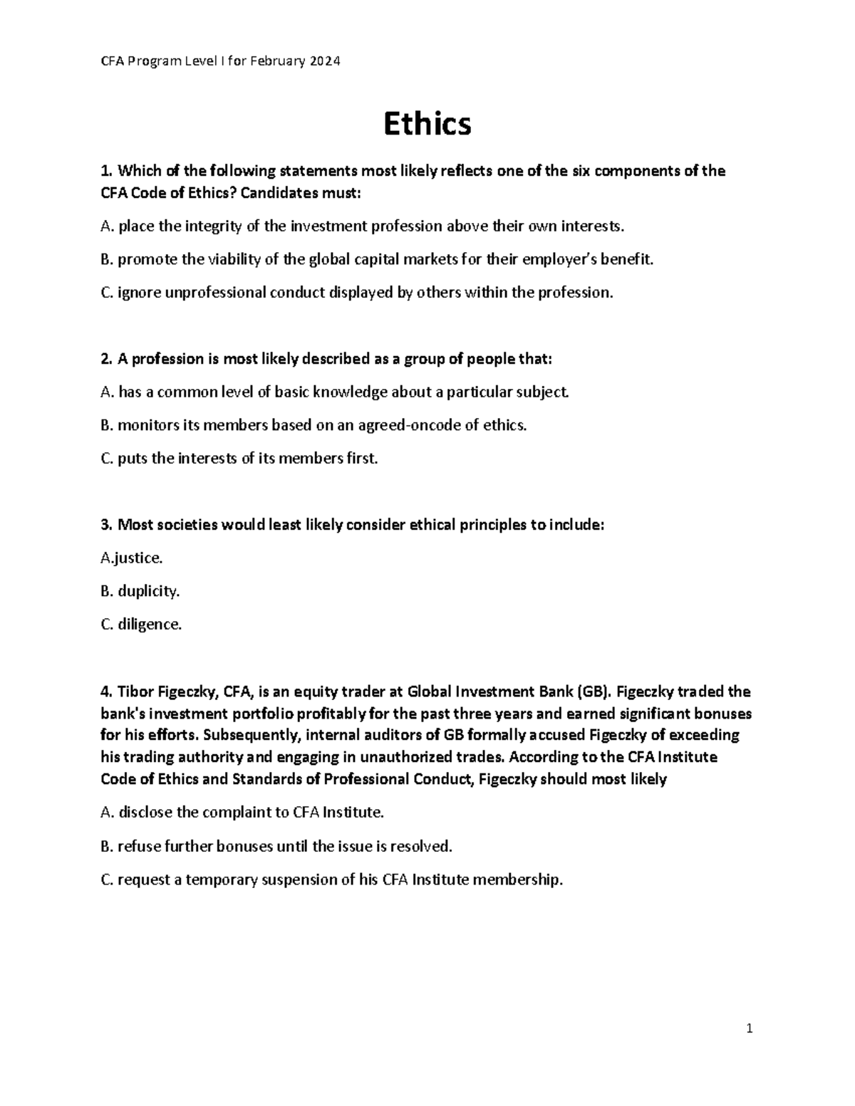 Ethics Questions - CFA Level 1 Study Notes - Studocu