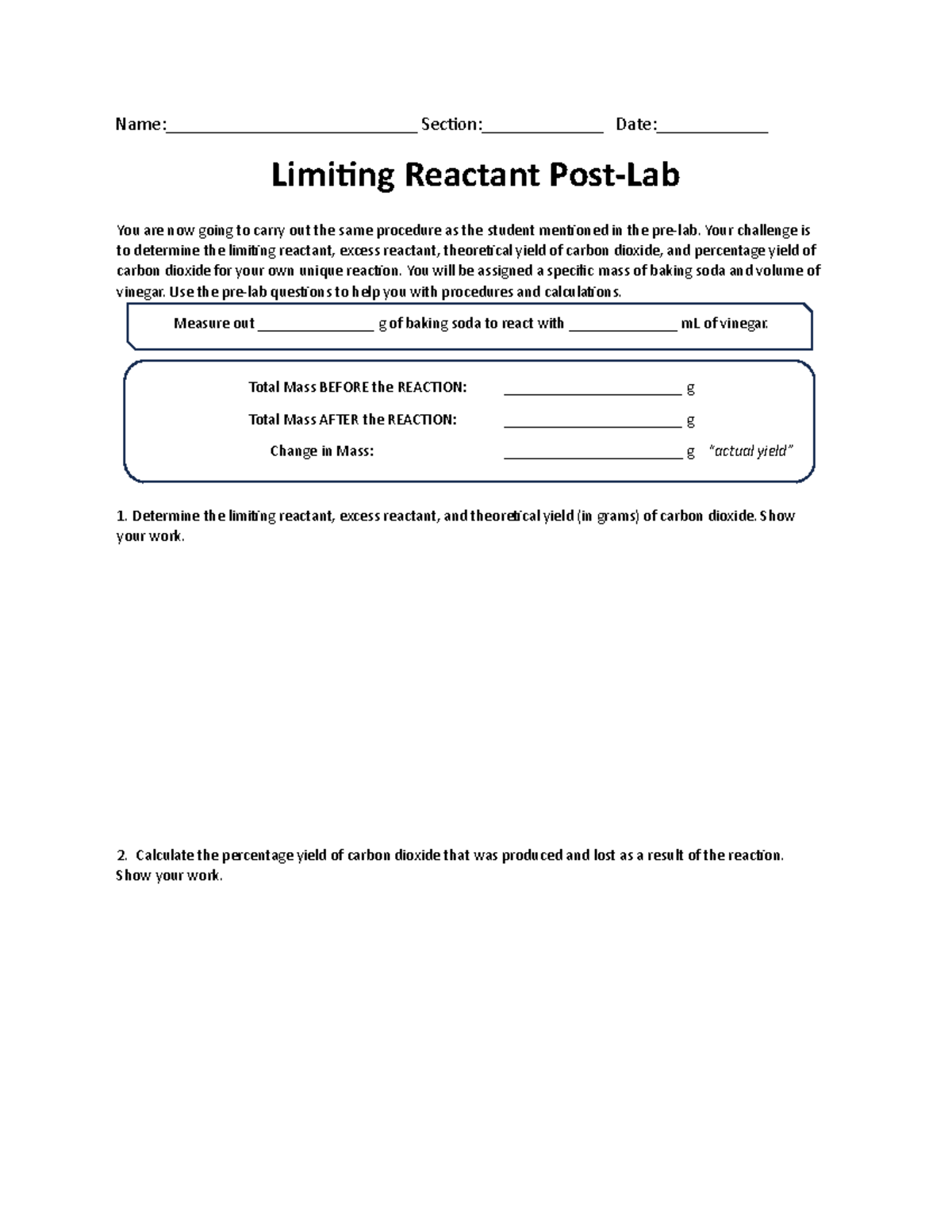 Limiting Reactant Post-Lab Report for Stoichiometry Lab - Studocu