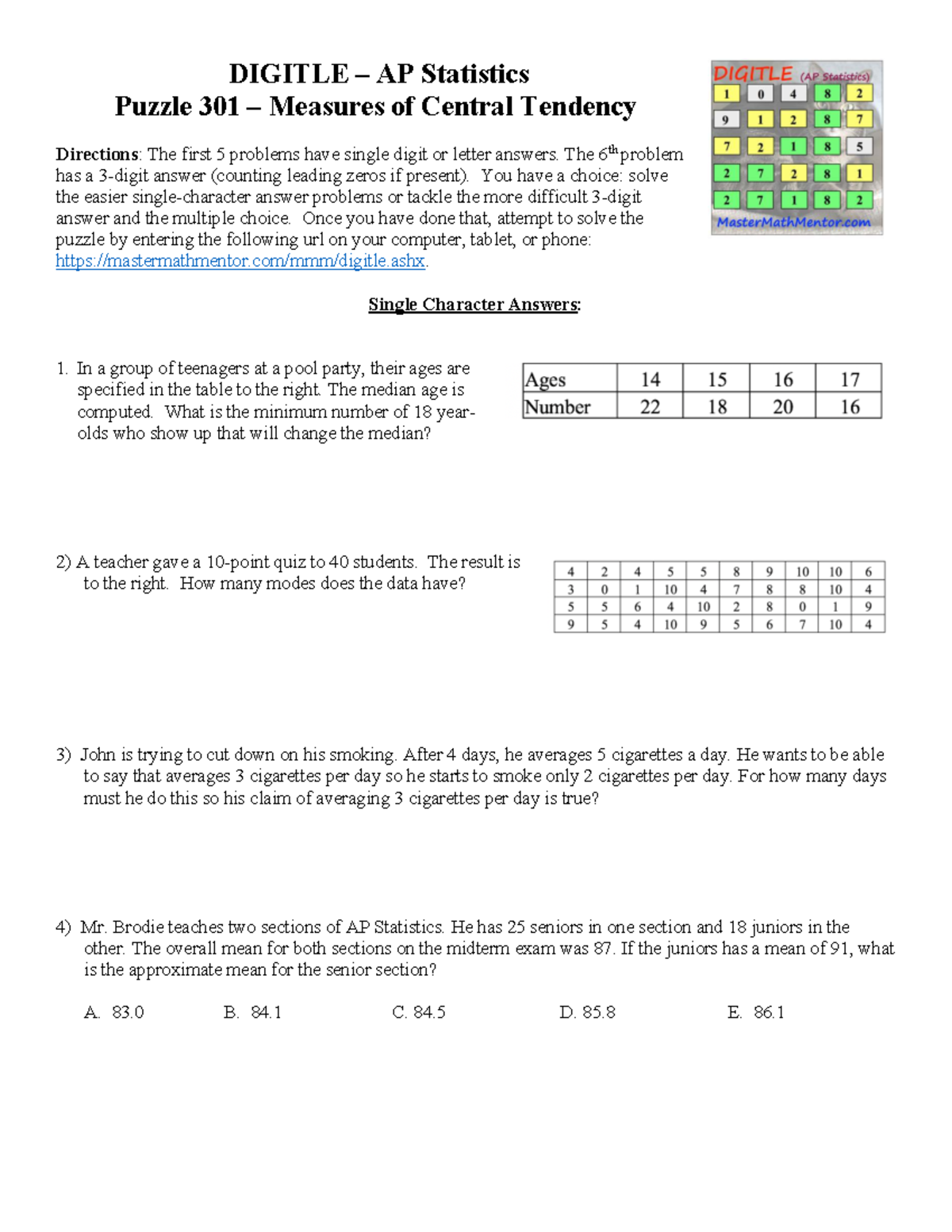 AP Statistics Puzzle 301: Measures of Central Tendency Guide - Studocu