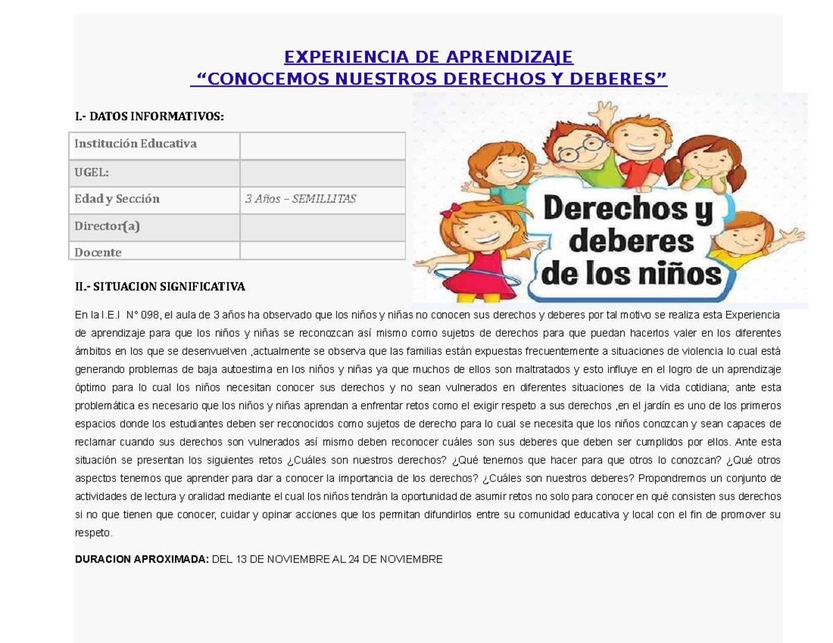 Proyecto de Aprendizaje: Conocemos Nuestros Derechos y Deberes - Studocu