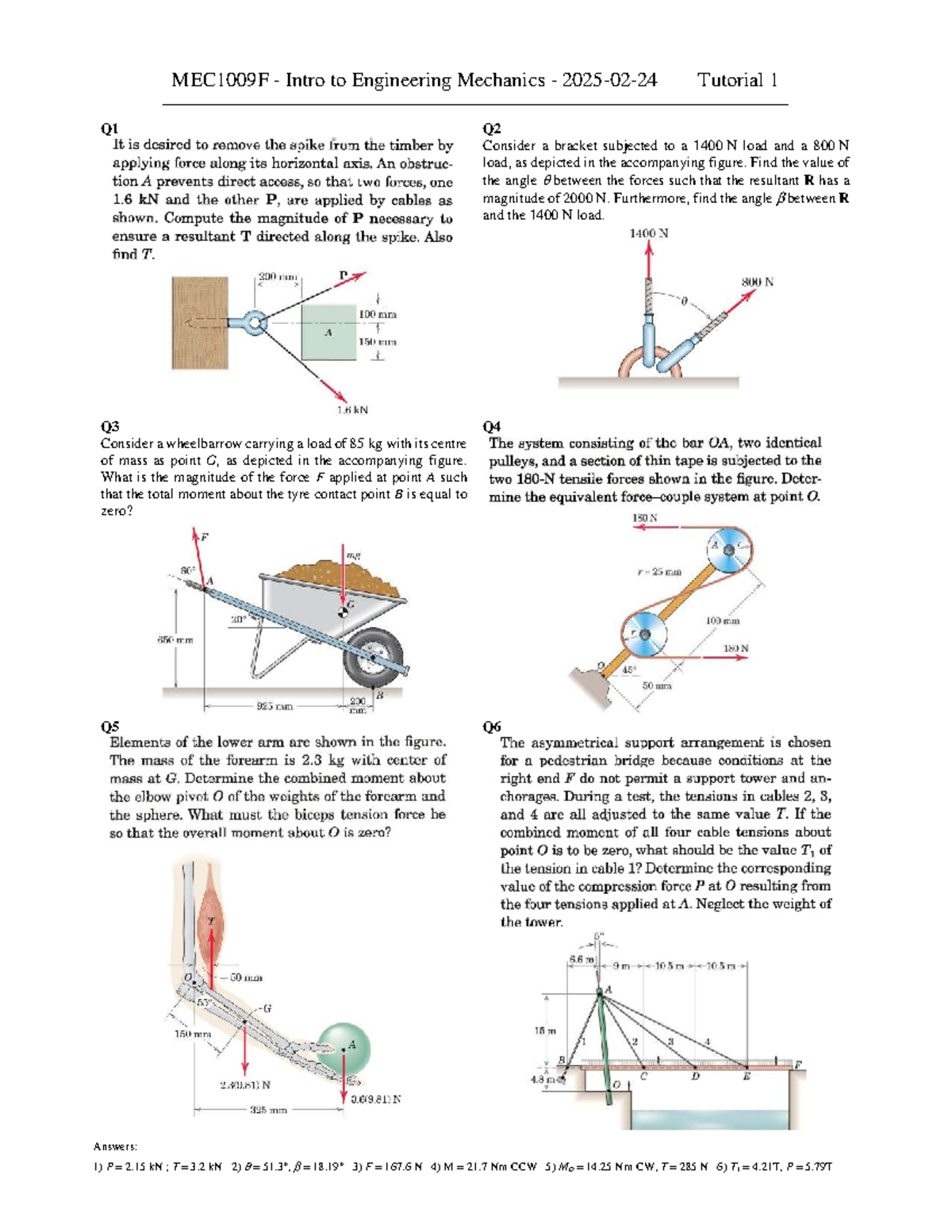 MEC1009F 2025 - Tutorial 1: Engineering Mechanics Problems & Solutions - Studocu