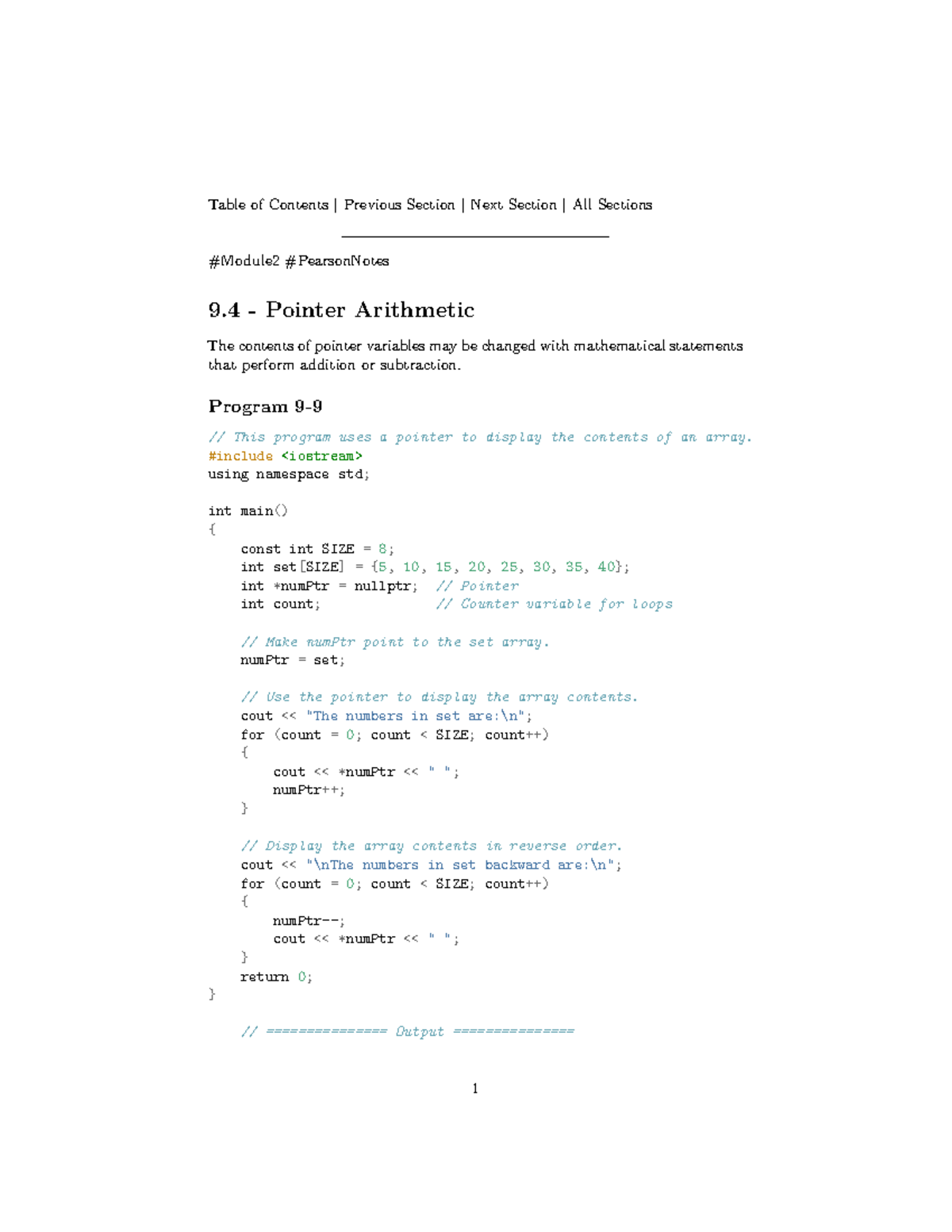 9.4 - Pointer Arithmetic - Table of Contents | Previous Section | Next Section | All Sections ...