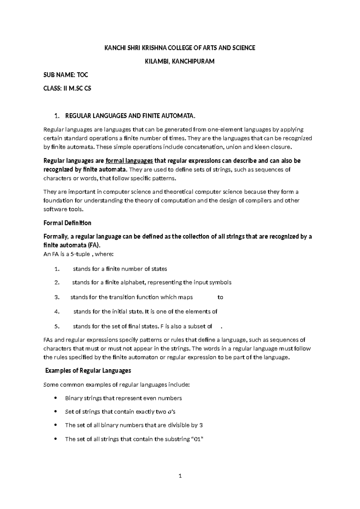 TOC II-M.Sc CS: Regular Languages & Finite Automata Notes - Studocu
