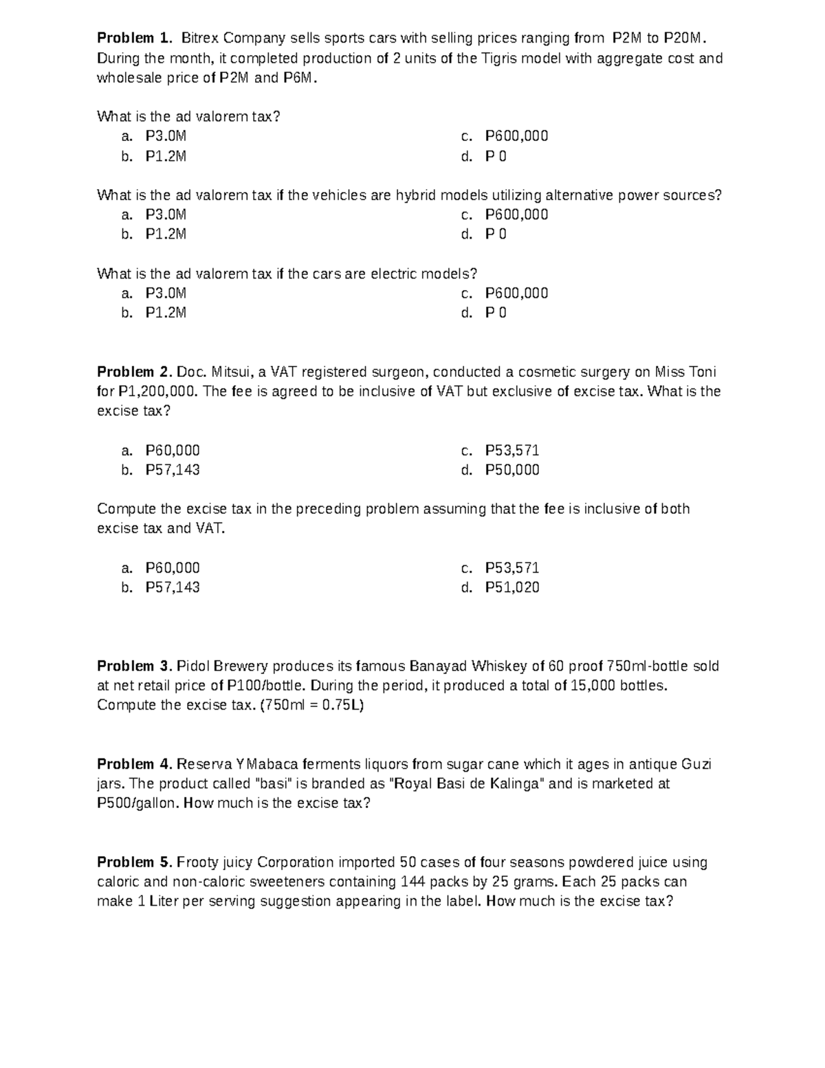 Excise Tax Sample Problems for Taxation 101 - Studocu