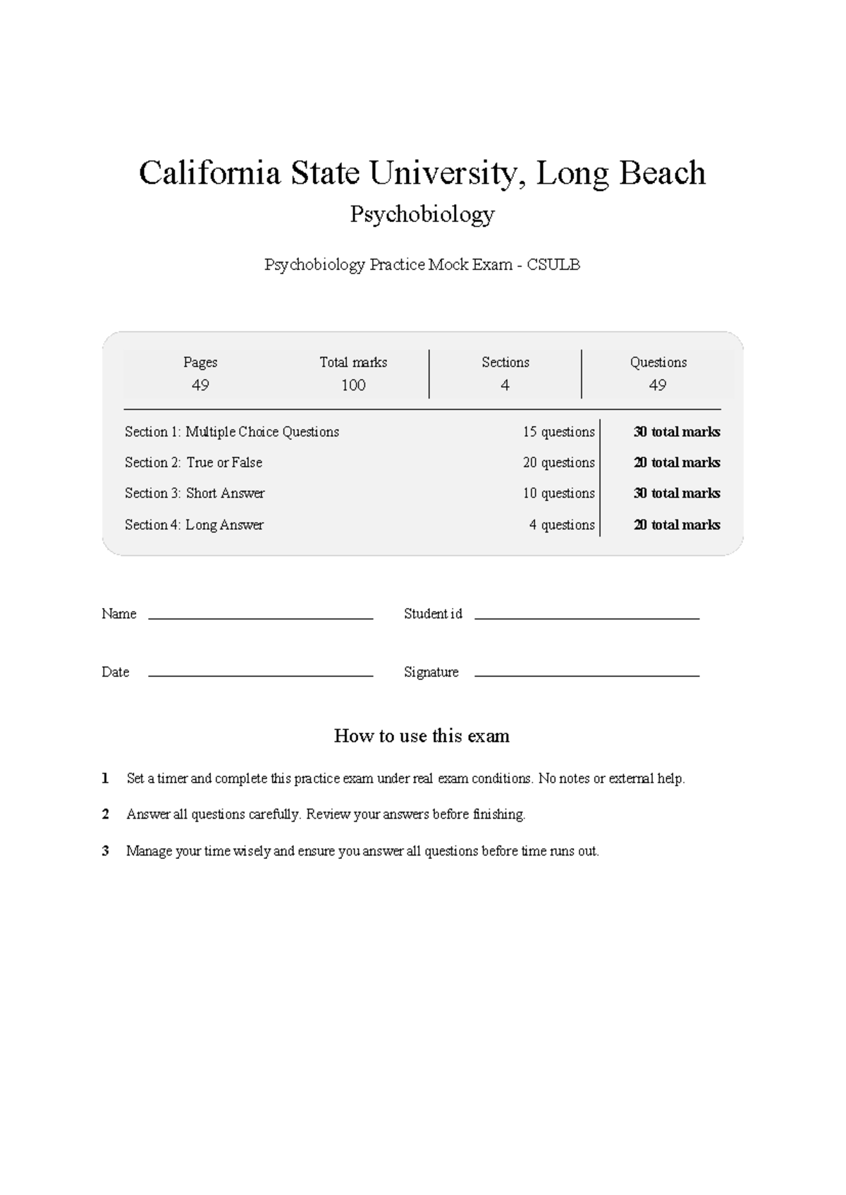PSY 241 Psychobiology CSULB Practice Mock Exam 2026 - Studocu