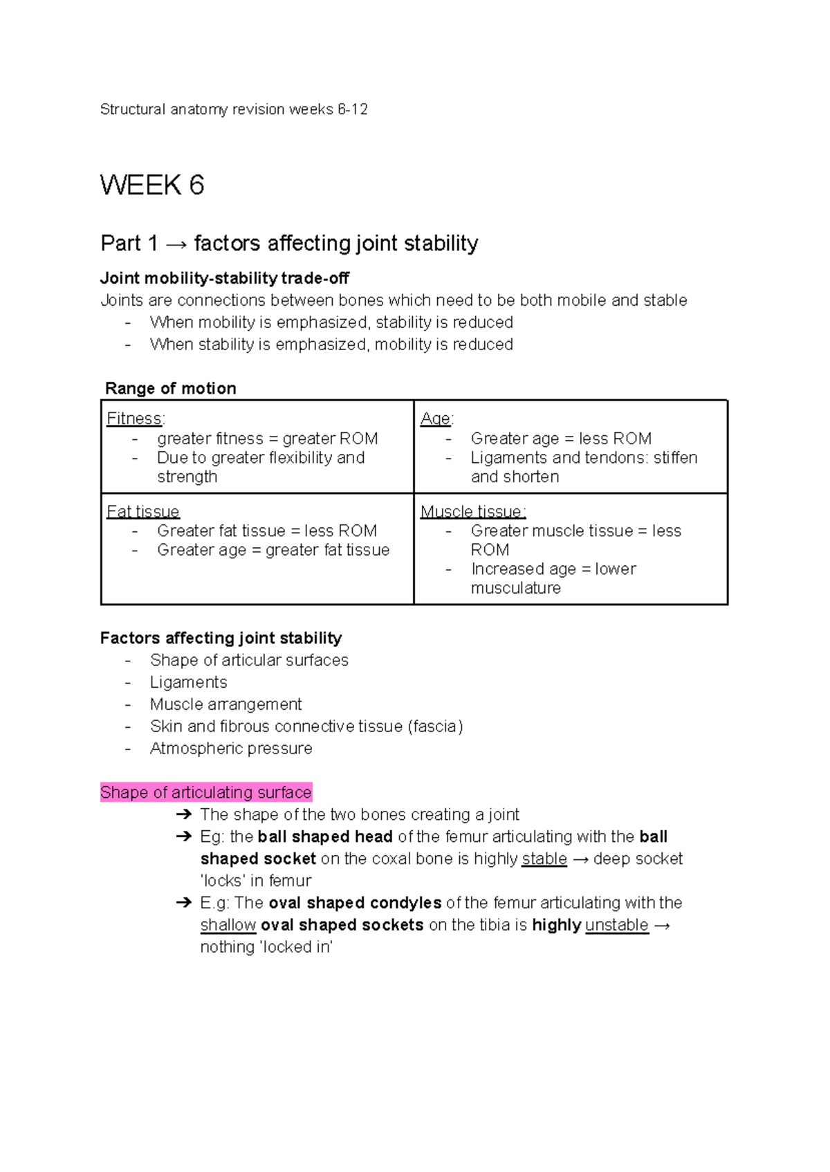 Structural Anatomy Lecture Notes: Weeks 6-12 Overview - Studocu