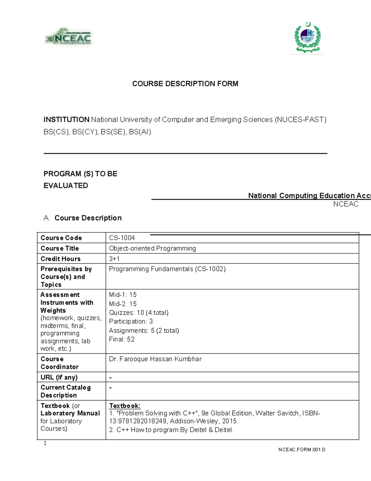 [C++] Course Description - Object-oriented Programming (CS-1004) 2023 ...