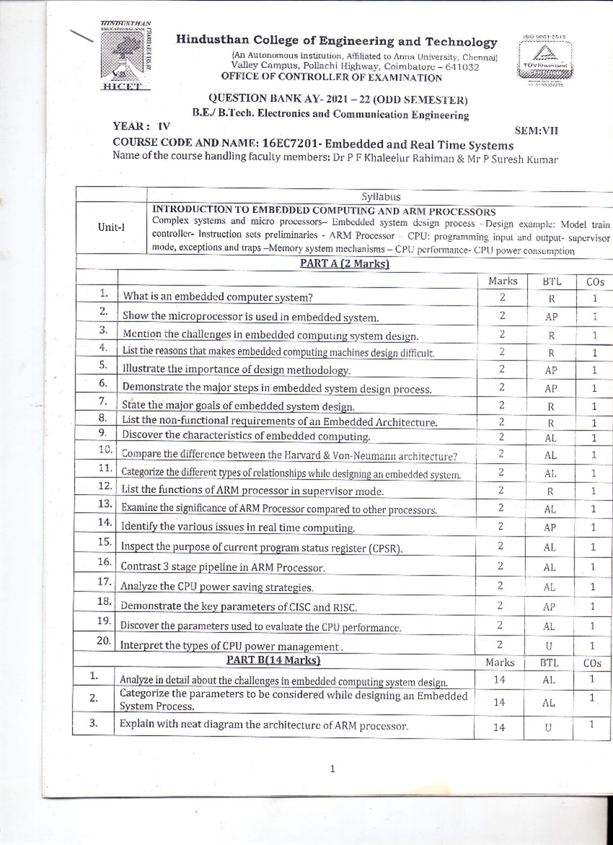 HICET B.Tech IV Year VII Sem: Embedded and Real Time Systems Question ...