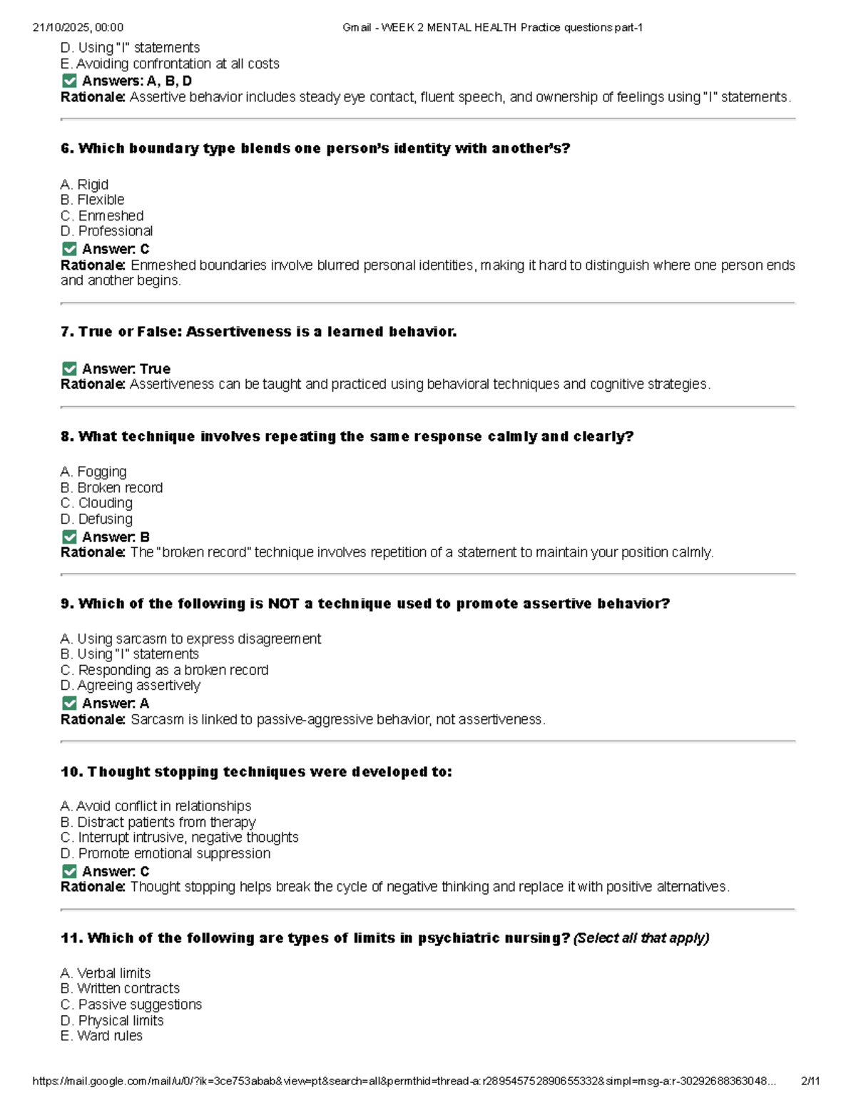 Gmail - WEEK 2 Mental Health Practice Questions Part 1 - Studocu