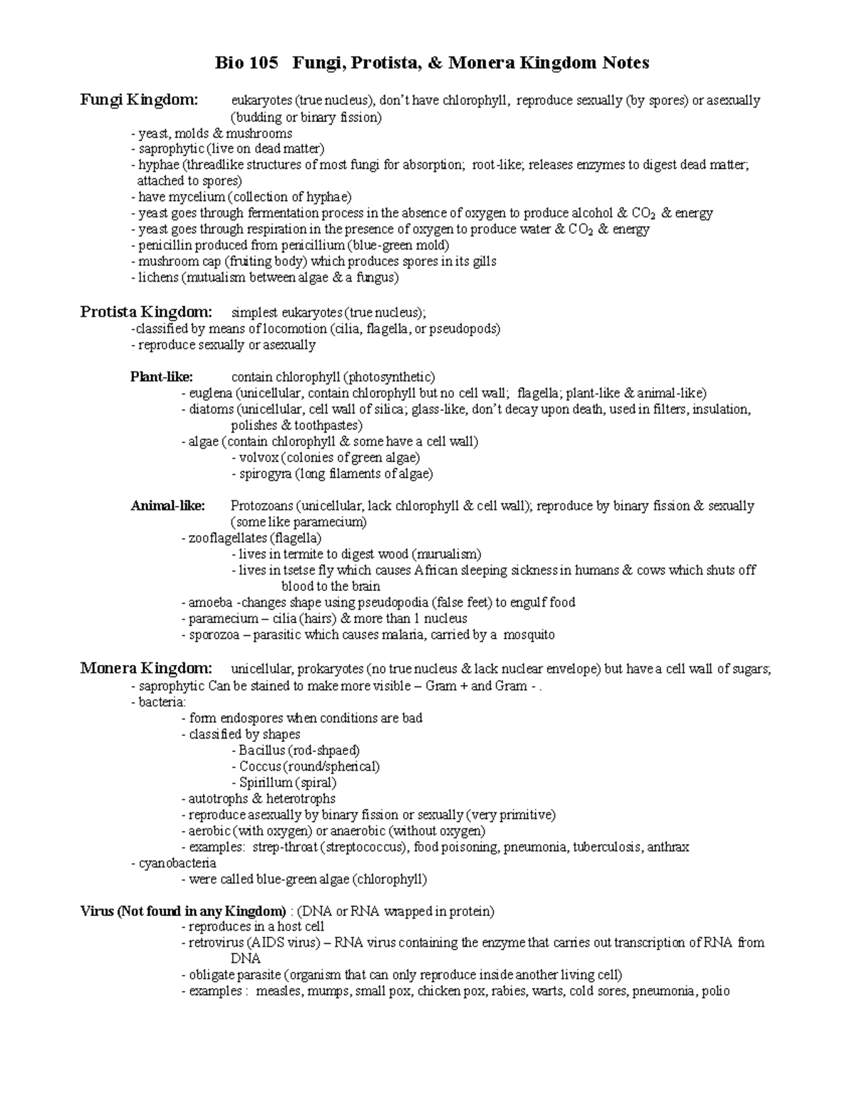Bio 105 Final Exam Notes: Fungi, Protista, and Monera Kingdoms - Studocu