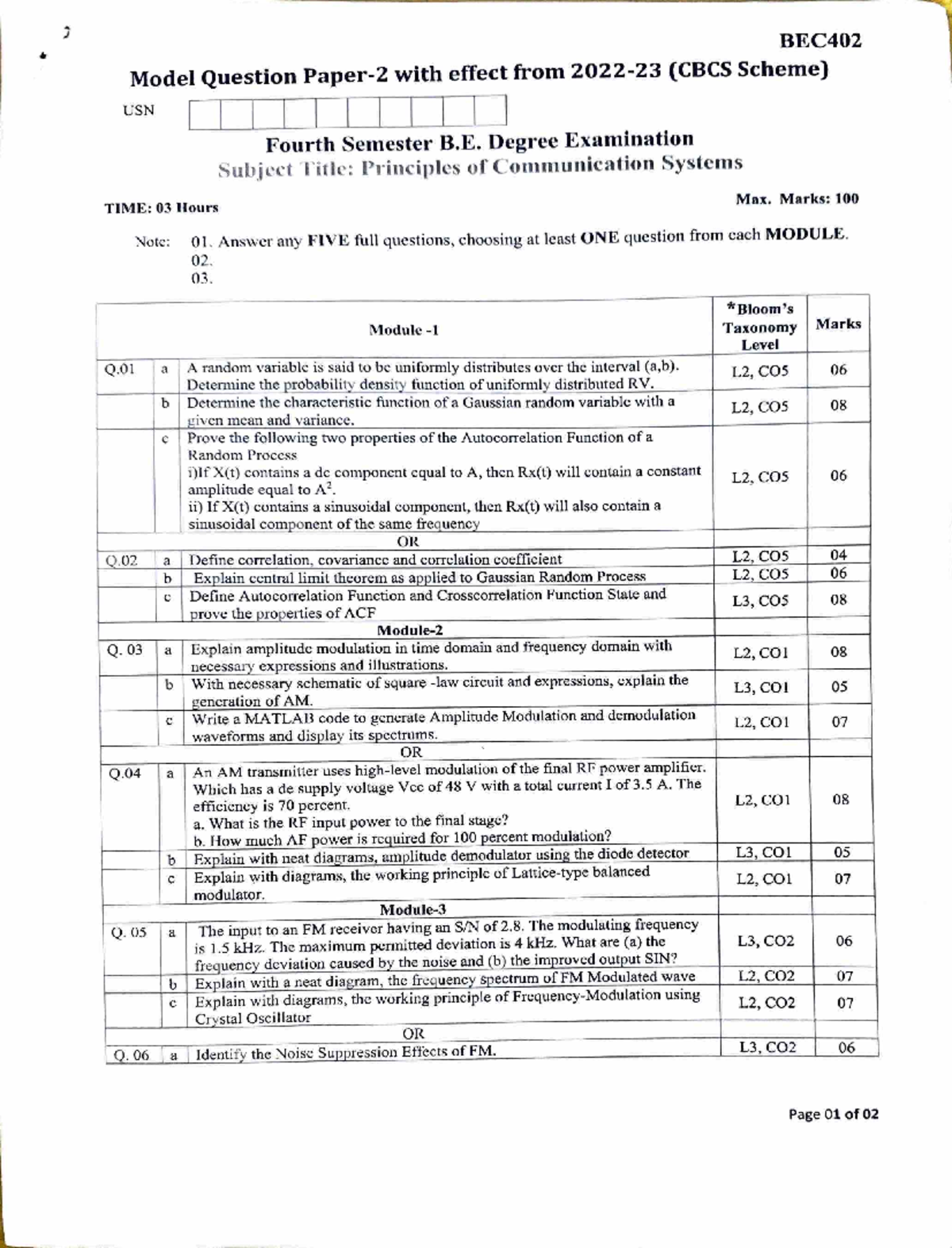 BEC402 Model Question Paper: Principles of Communication Systems (4th ...