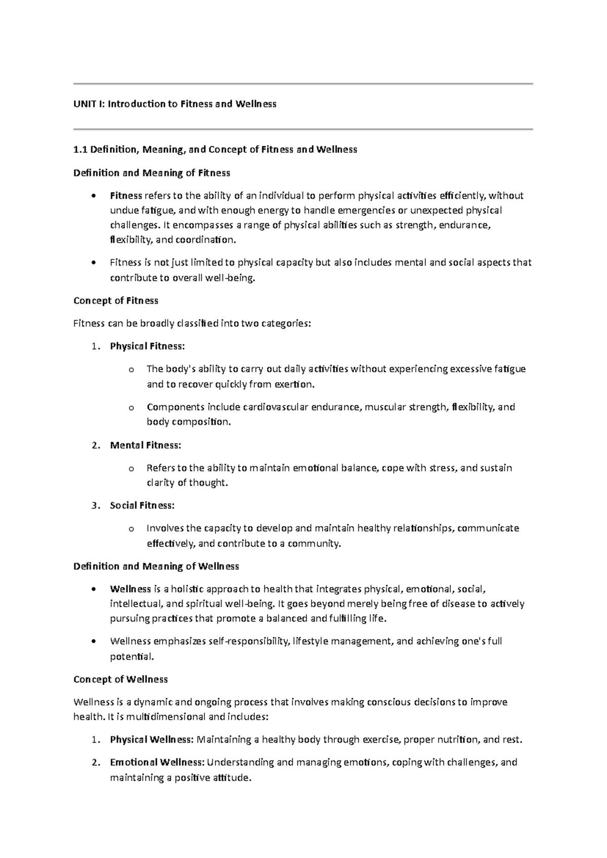 Fitness and Wellness: Unit I Overview and Key Concepts - Studocu