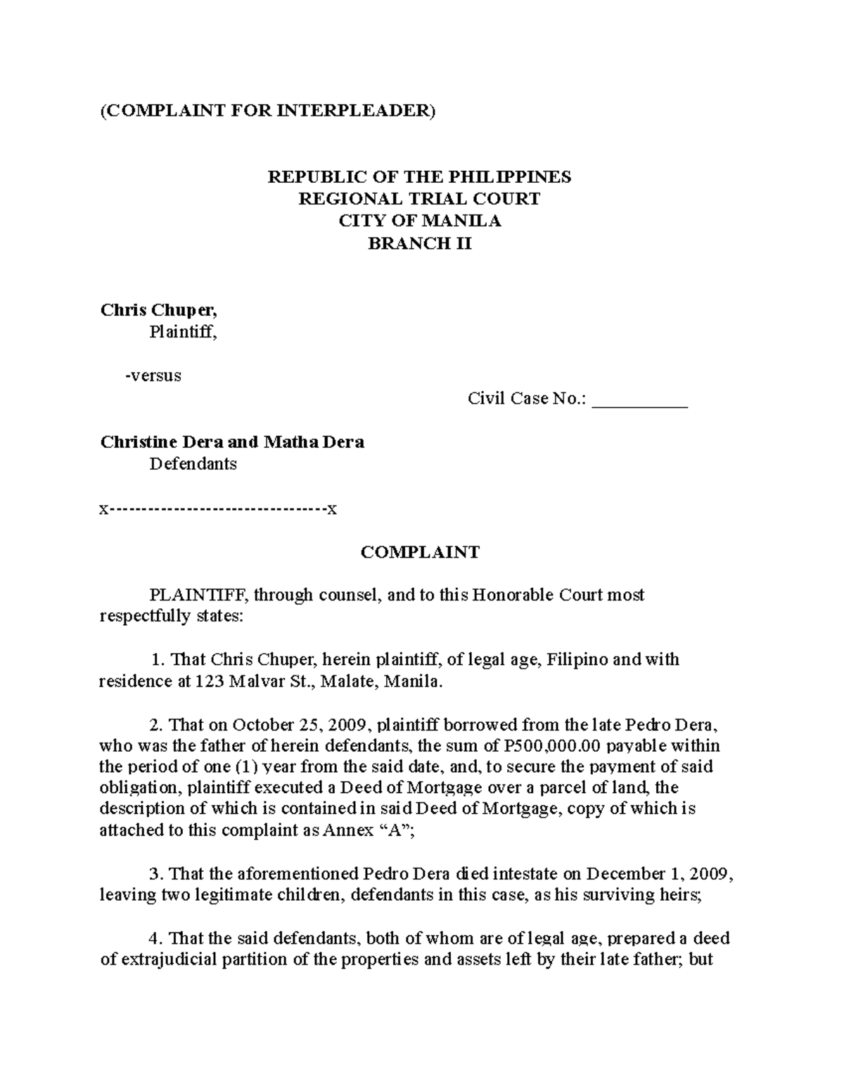 Interpleader Complaint: Chris Chuper vs. Christine & Matha Dera - Studocu