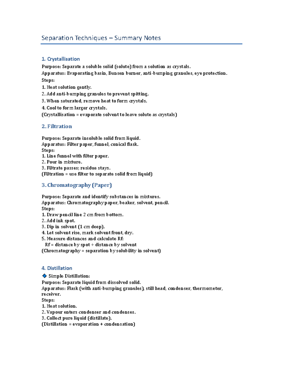 SC2b-d Pearson Edexcel: Summary of Separation Techniques - Studocu