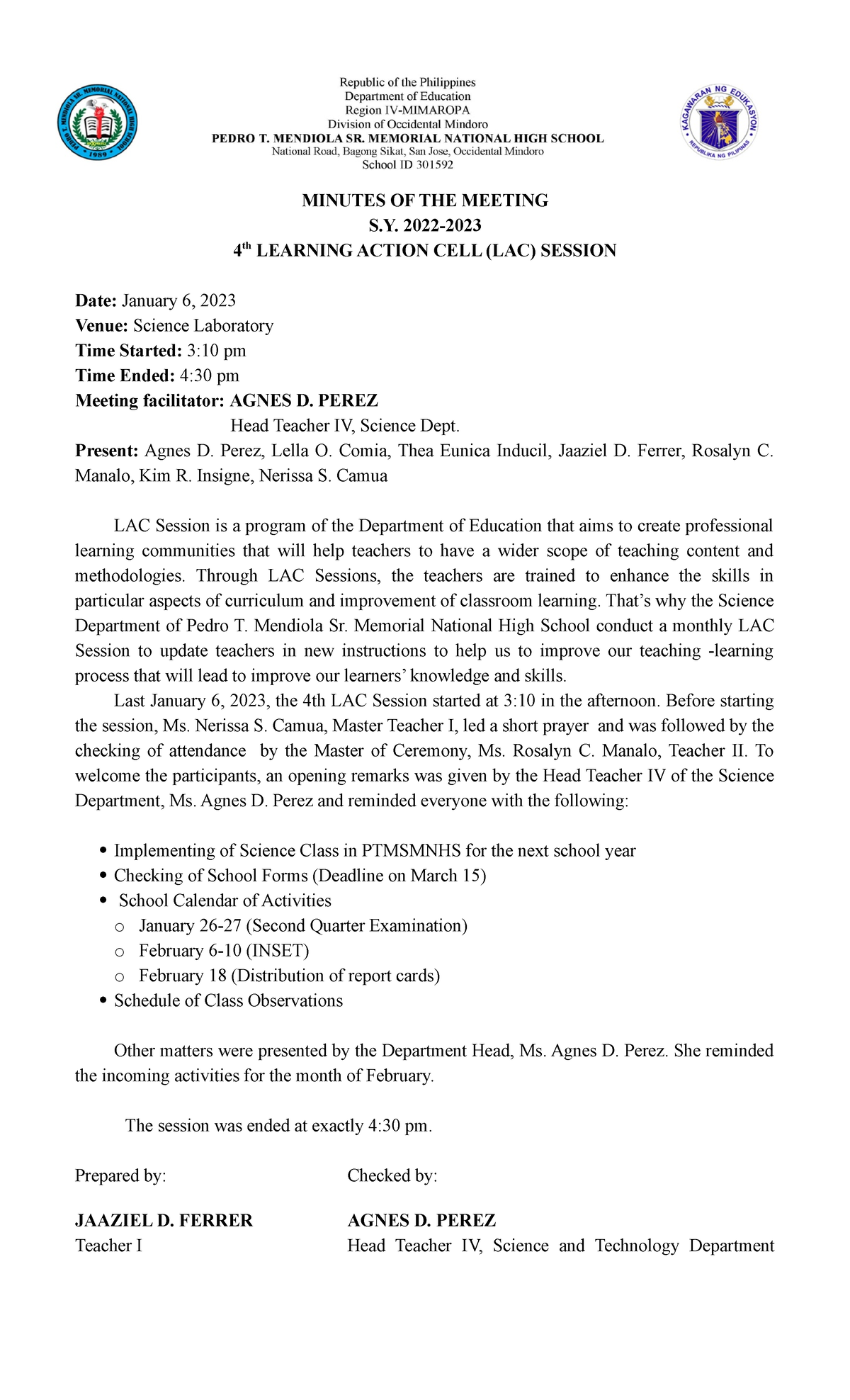 LAC Meeting Minutes for 4th Session, S.Y. 2022-2023 - Studocu