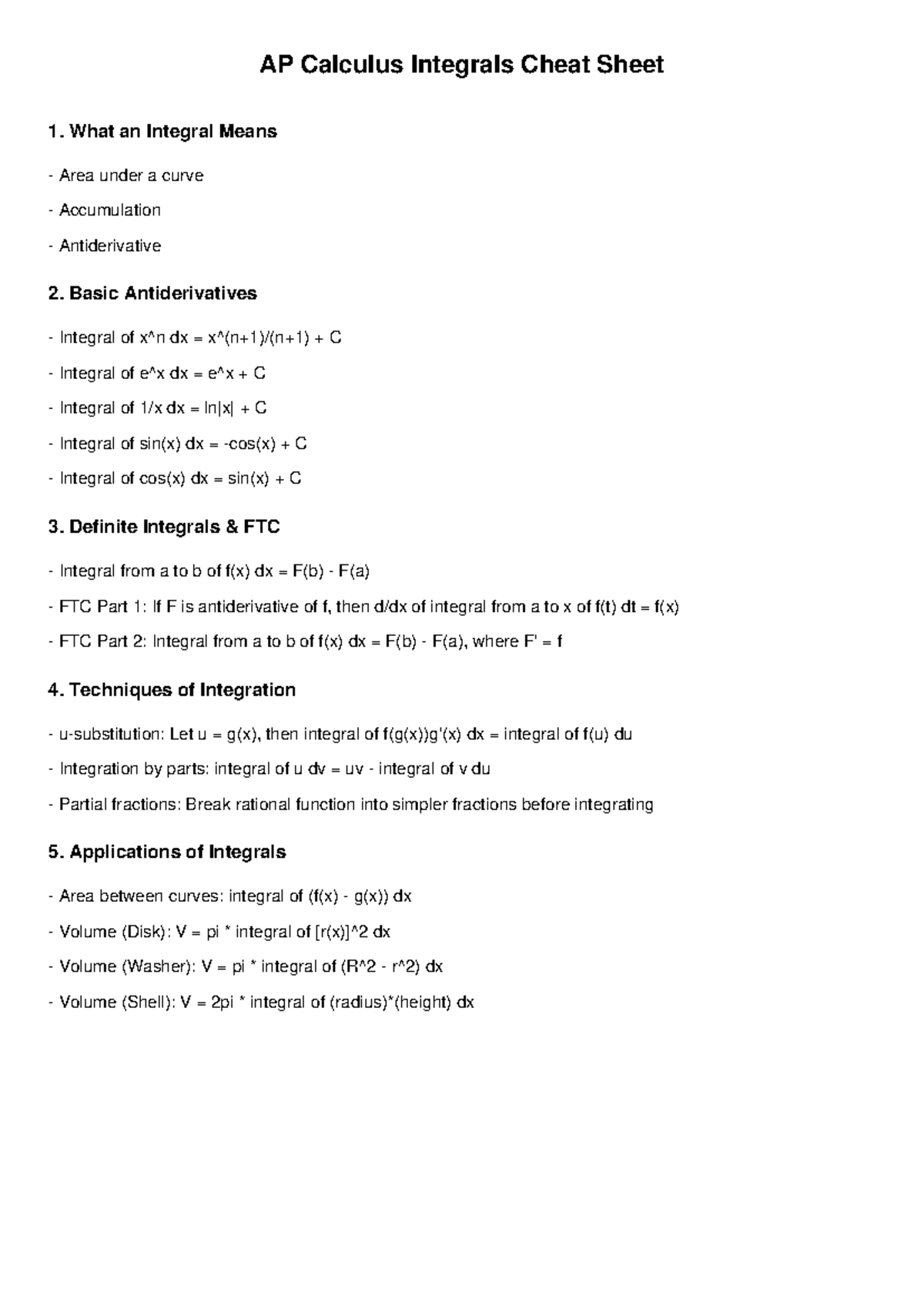 AP Calculus (APC) Integrals Cheat Sheet: Key Concepts & Techniques ...